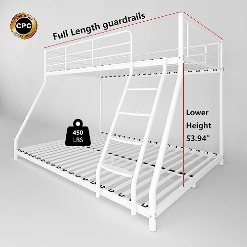 AnwickNomo Heavy Duty Steel Twin Over Full Bunk Bed, Bunk Beds for Kids Adults Teens Bunk Bed with Stairs & Flat Rungs, Metal Slat Support, No Box Spring Needed (White)