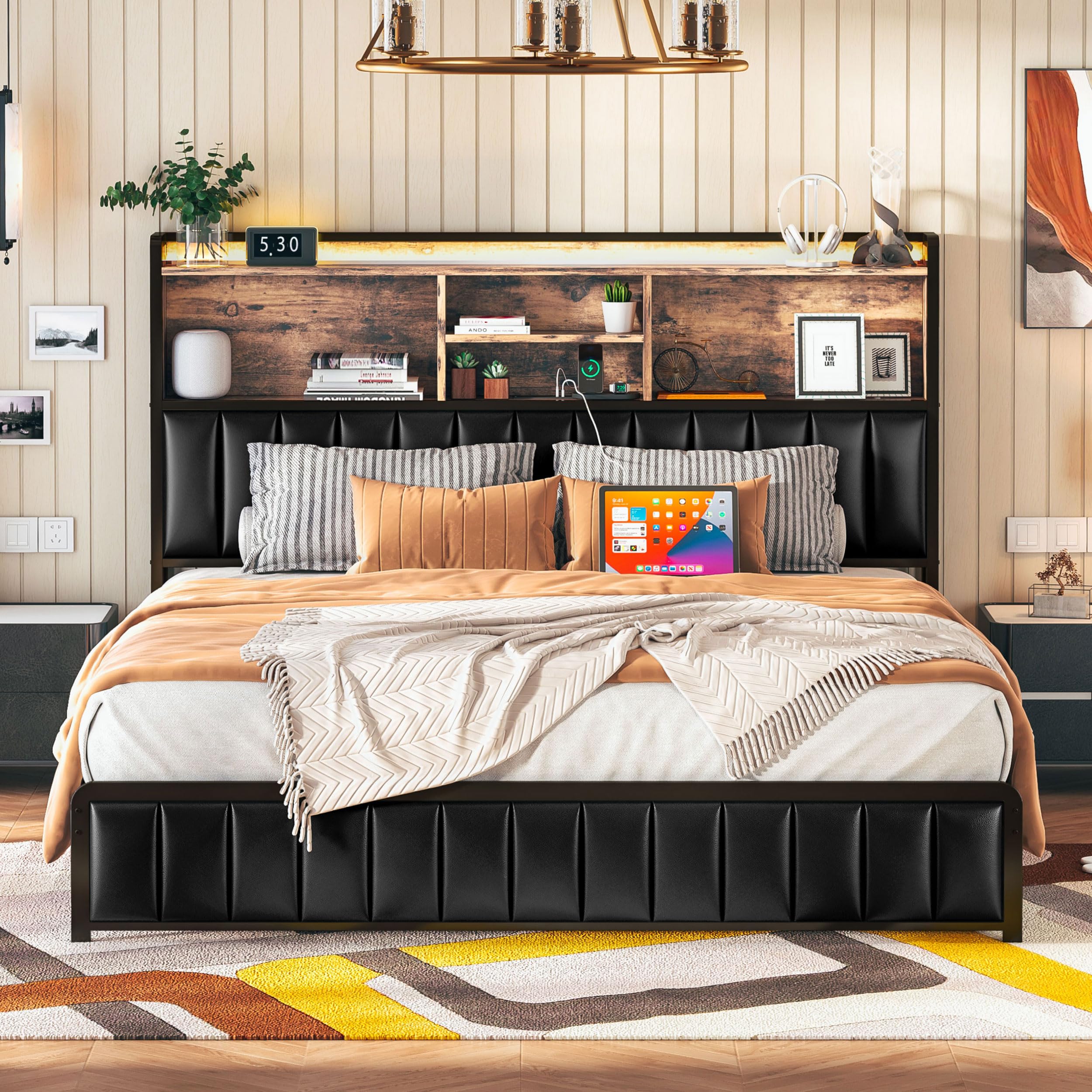 ANCTOR King Size Bed Frame with Upholstered Headboard and LED Light, Strong Platform Bed with Charging Station,No Box Spring Needed