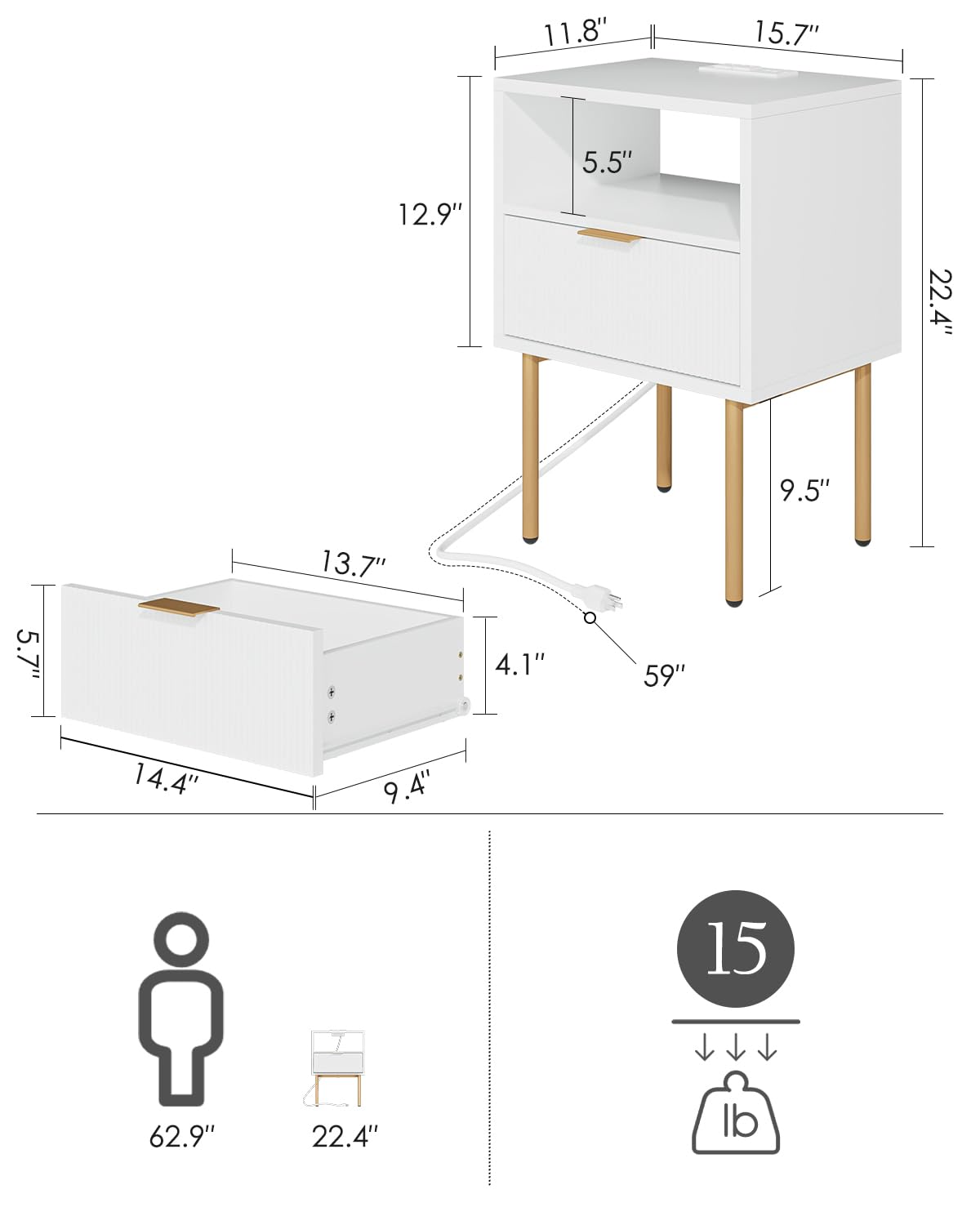 Aobafuir Nightstand with Charging Station, Drawer Dresser for Bedroom, Small Side Table with Drawer, Night Stand, End Table with Gold Frame for Bedroom, Living Room, Stripe White