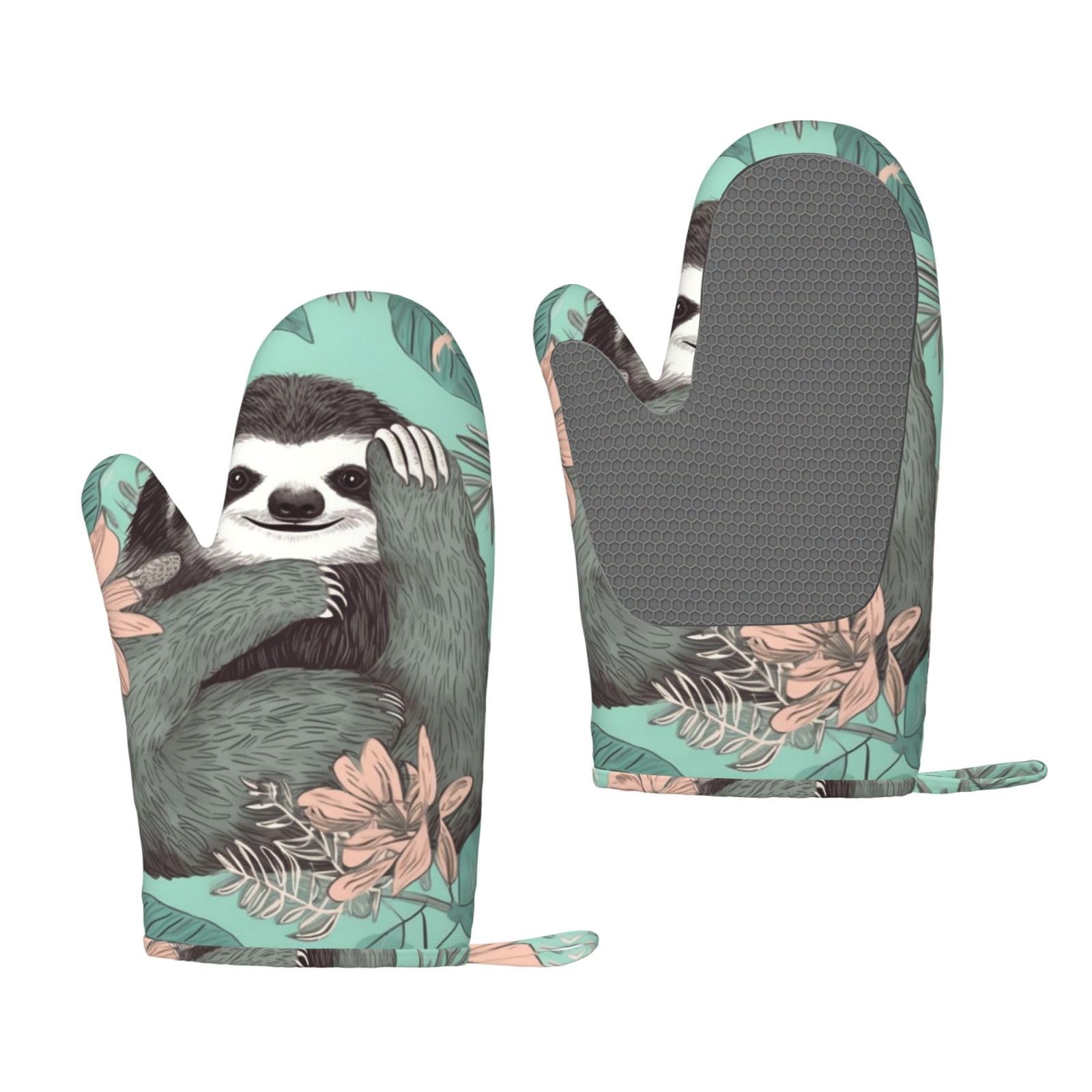 Animal Sloth Mint Green Printed Oven Mitts Heat Resistant Oven Gloves Non-Slip Silicone Kitchen Gloves for Cooking Baking BBQ Gloves 1 Pair