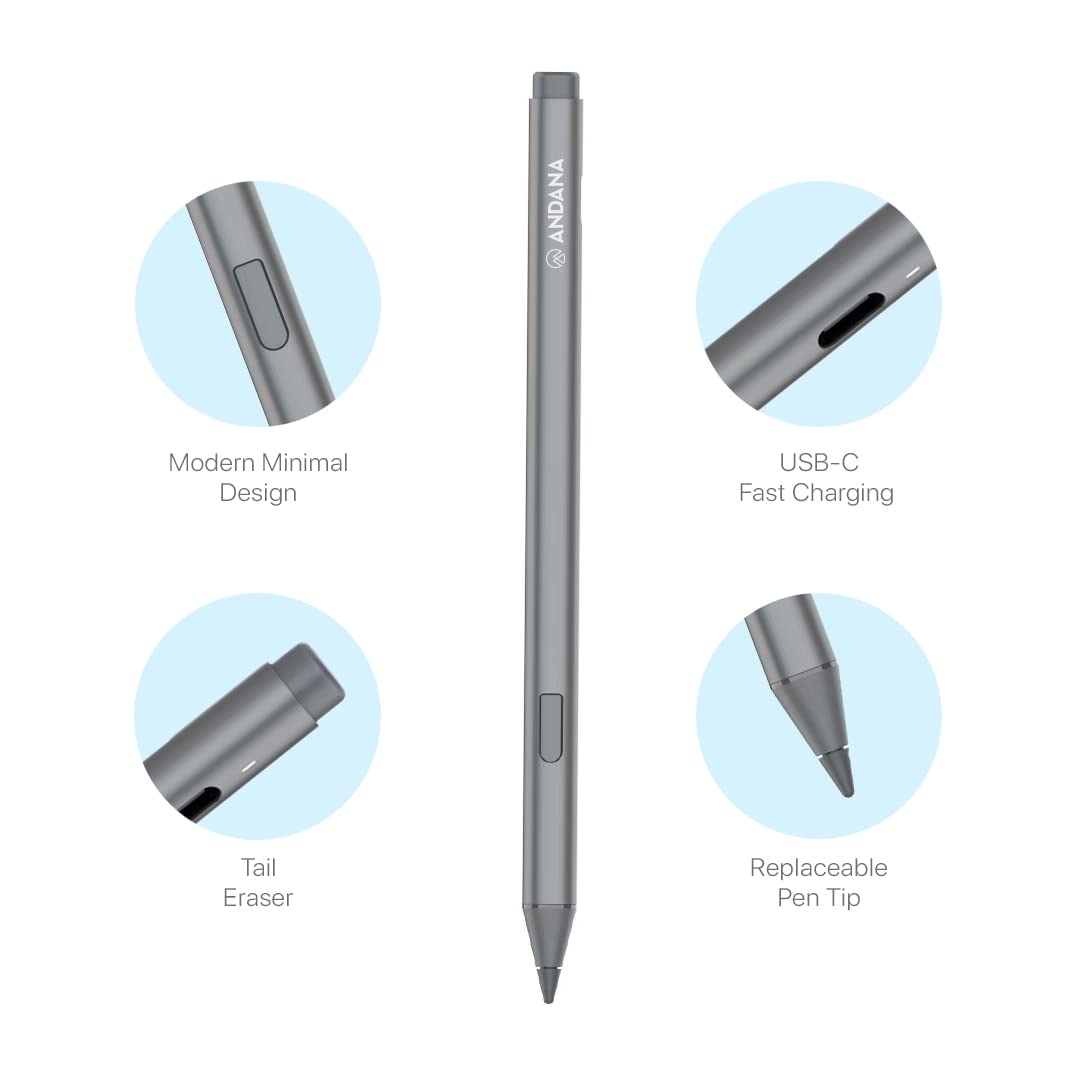 Andana MPP Stylus EC Pen 2.0 Tilt Pen Digital Stylus, 4096 Pressure Sensitivity, USB-C Rechargeable, Palm Rejection, Surface Pen Compatible with Microsoft, Some Asus, Acer, Dell, HP, Vaio Stylus Pen