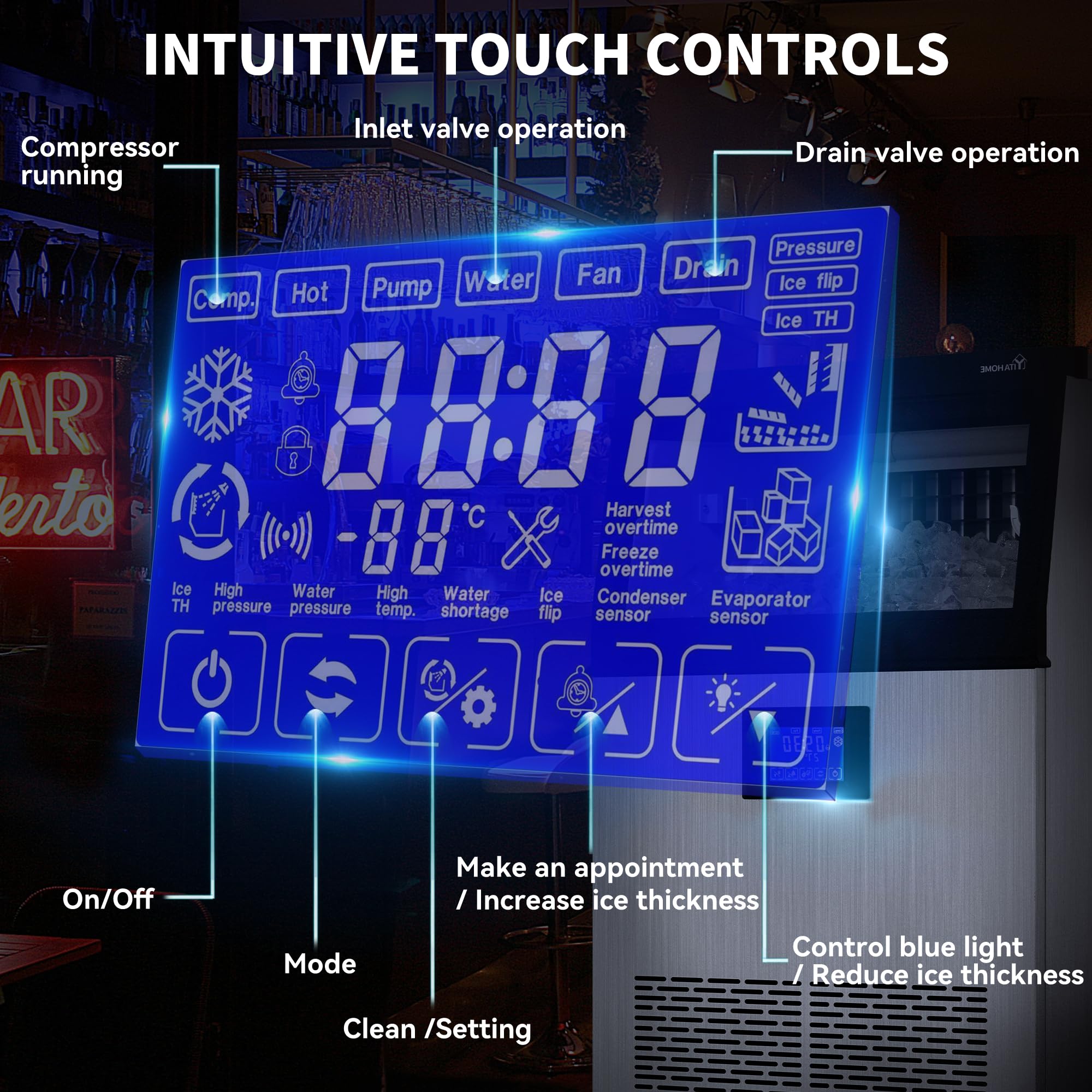 YITAHOME Upgraded Commercial Ice Machine, 120LBS/24H Ice Maker with 33LBS Storage Bin, LCD Panel with Blue Light & Stainless Steel Scoop for Restaurant, Home, Bars, Coffee Shop(40PCS)