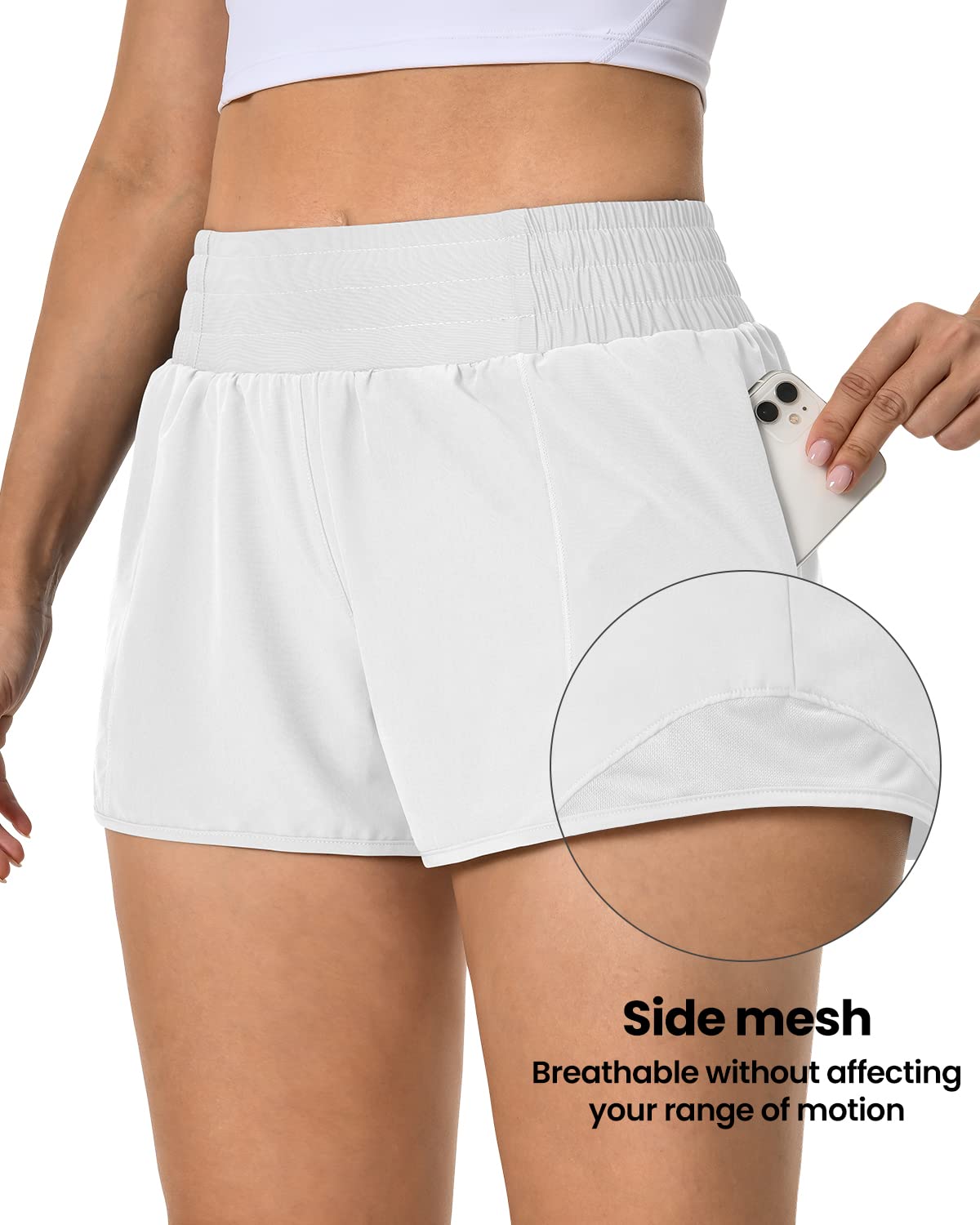 AVGO Athletic Shorts for Women High Waisted Quick-Dry Running Shorts with Pockets Elastic Sport Layer Workout Shorts(White, S)