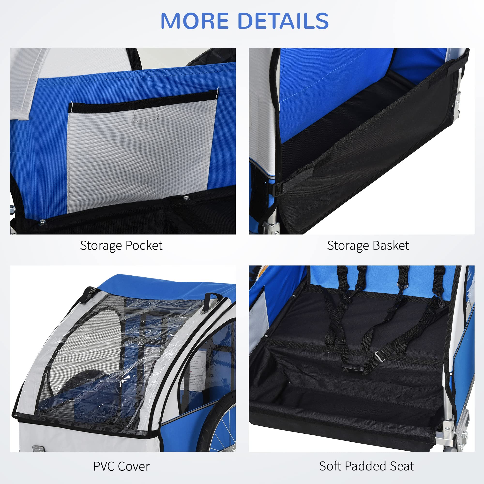 Aosom 2-Seat Child Bike Trailer for Kids with a Strong Steel Frame, 5-Point Safety Harnesses, & Comfortable Seat, Blue