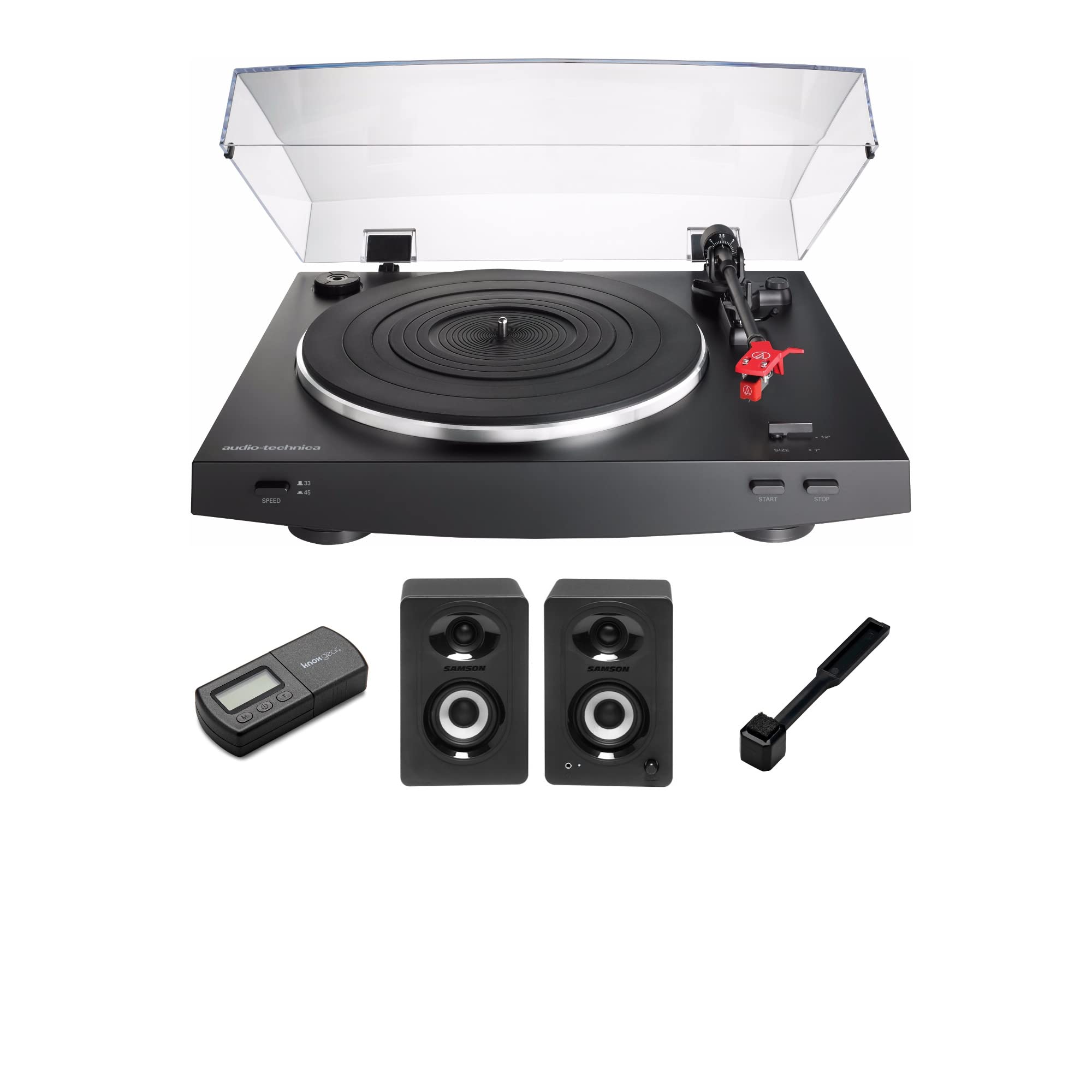 Audio-Technica AT-LP3BK Fully Automatic Belt-Drive Stereo Turntable (Black) Bundle with Bluetooth Studio Monitors - Pair, Turntable Stylus Scale, and Cleaning Brush (4 Items)
