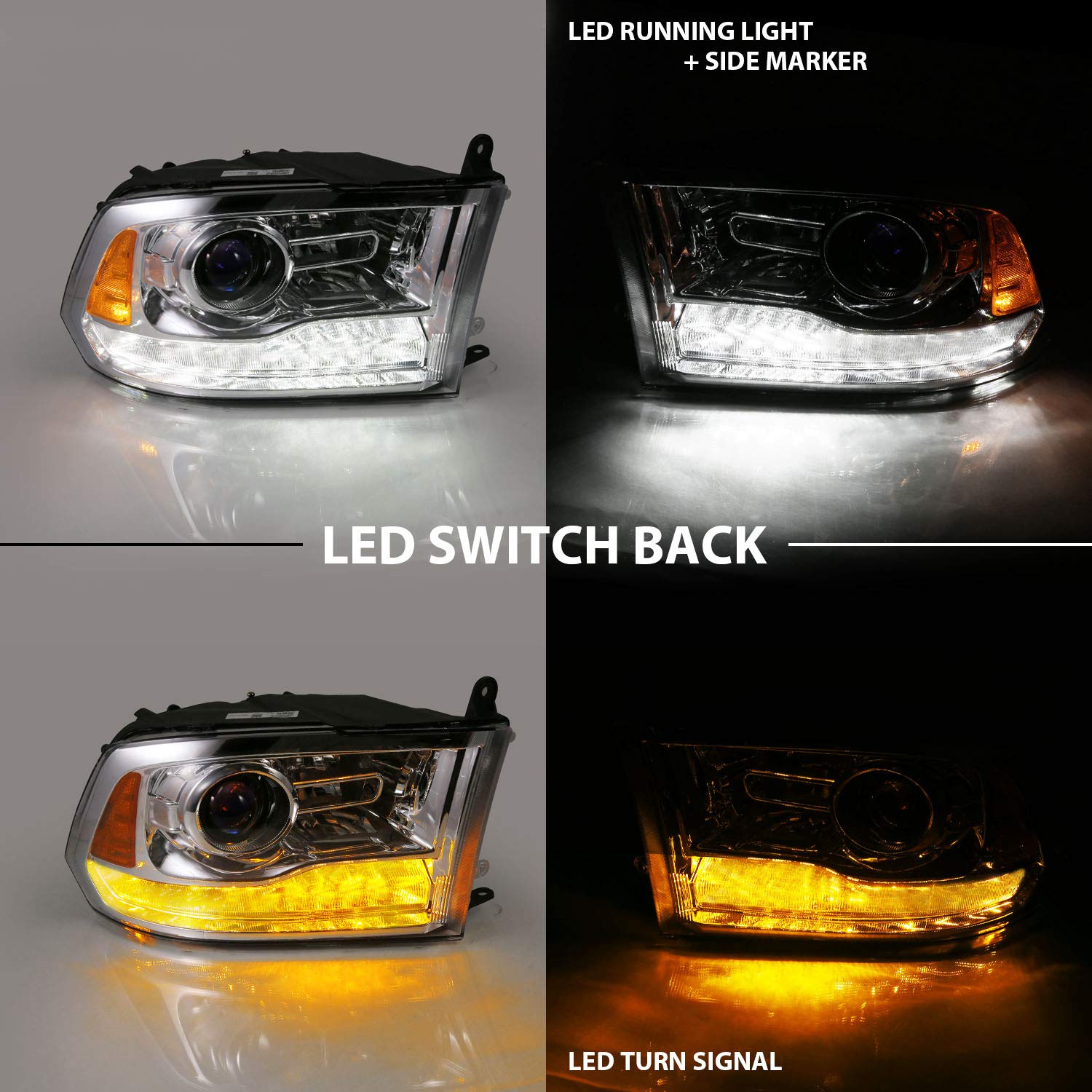 AmeriLite Halogen, led, Projector Car Headlights For 2009-2018 Dodge Ram 1500 2500 3500 Tube Switchback White & Amber Parking Turn Signal, Vehicle Light Assembly, Chrome With Switchback LED