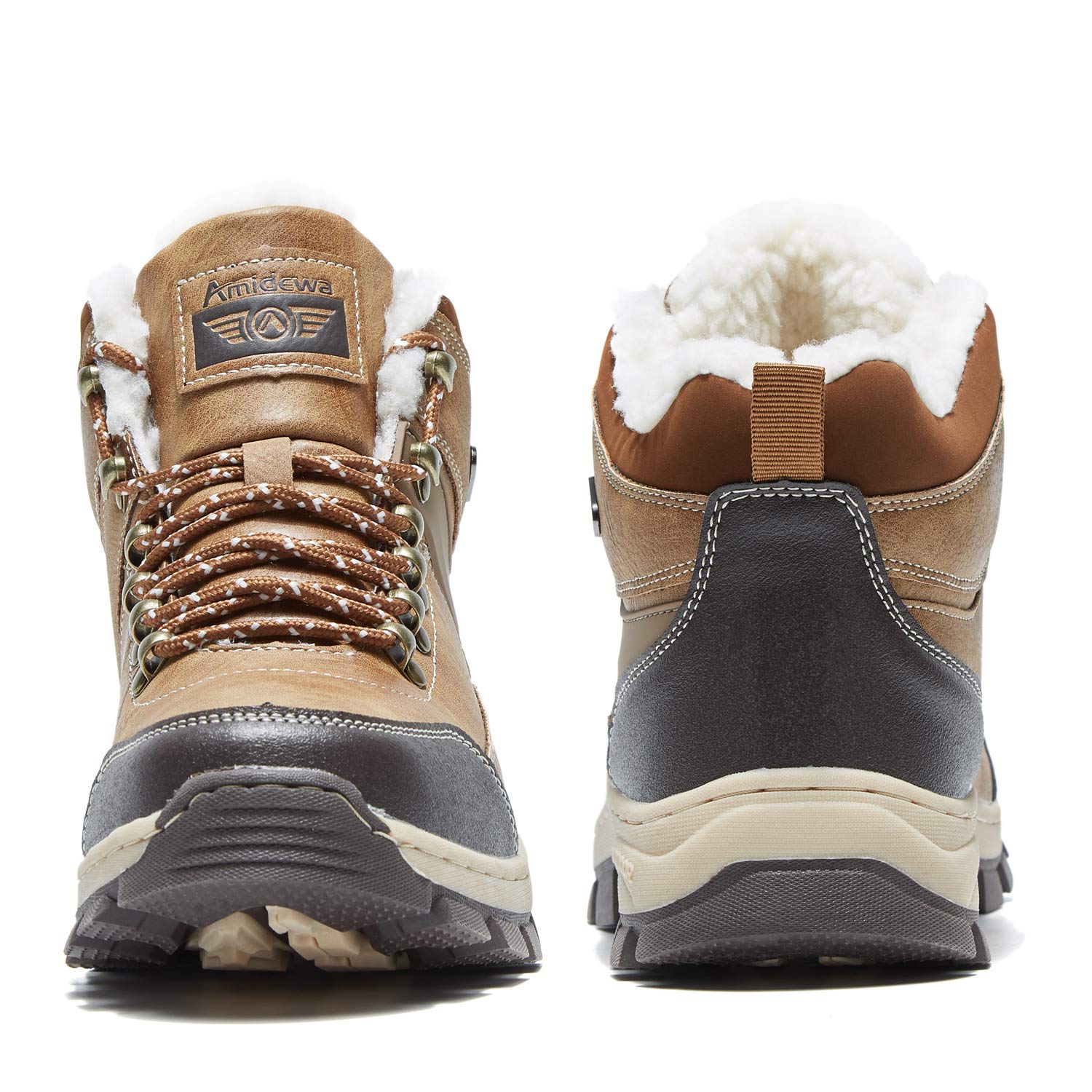 AMIDEWA Men’s Snow Ankle Boots Fur Lined Warm Anti-slip Outdoor Work Shoes for Cold Weather Hiking Camping Backpacking - BROWN - 8