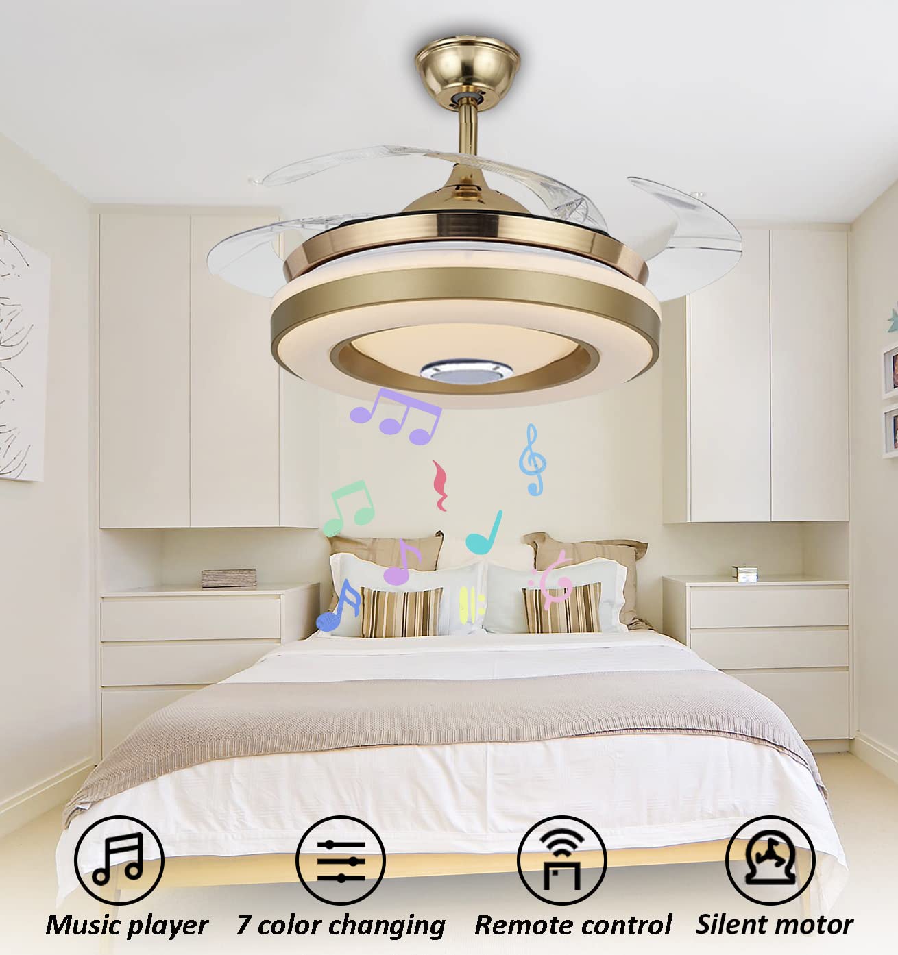 Angry Pryo 42Inch Bluetooth Ceiling Fan with Light and Speaker Music, 7 Color Dimmable LED Retractable Blades with Remote Ceiling Lighting Chandelier for Livingroom Restaurant Hall