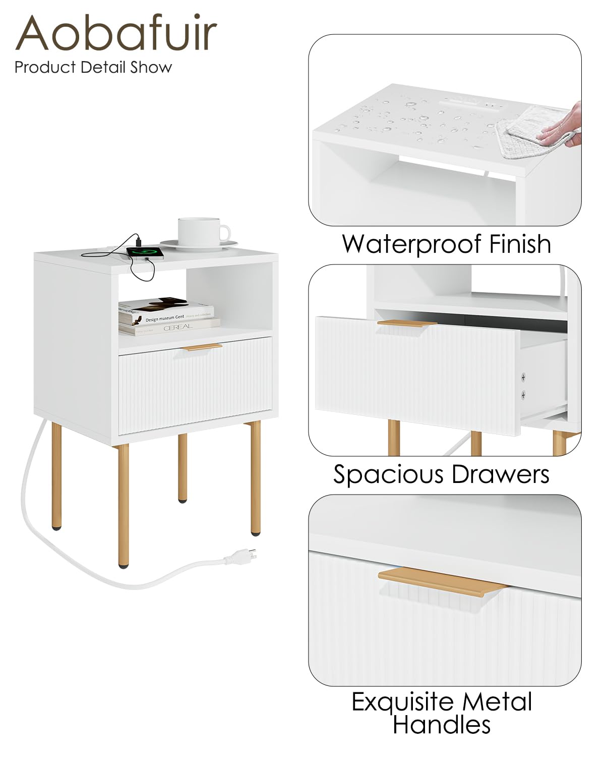 Aobafuir Nightstand with Charging Station, Drawer Dresser for Bedroom, Small Side Table with Drawer, Night Stand, End Table with Gold Frame for Bedroom, Living Room, Stripe White