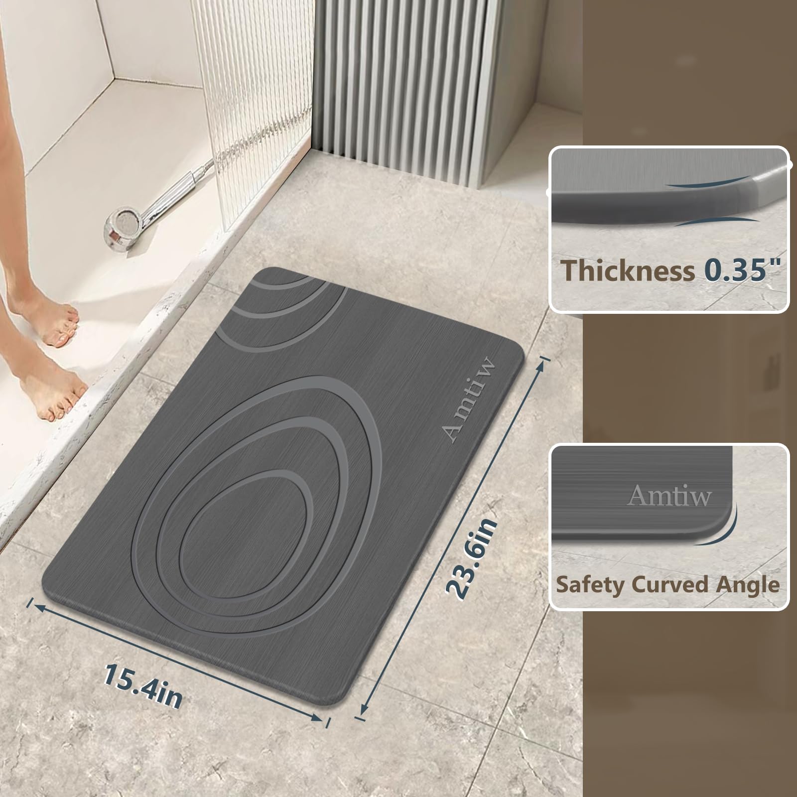 Amtiw Stone Bath Mat, Diatomaceous Earth Shower Mat, Non-Slip Super Absorbent Quick Drying Bathroom Mats, Suitable for Bathroom, Kitchen, Counter Bath Mat, Easy to Clean (23.6" X 15.4")