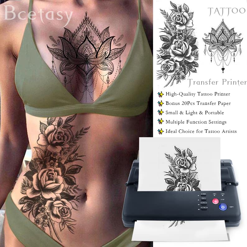 Bcetasy Tattoo Transfer Monochrome Stencil Printer, with Free 20PCS Paper, Thermal Copier Machine for Temporary and Permanent Tattoos,Black