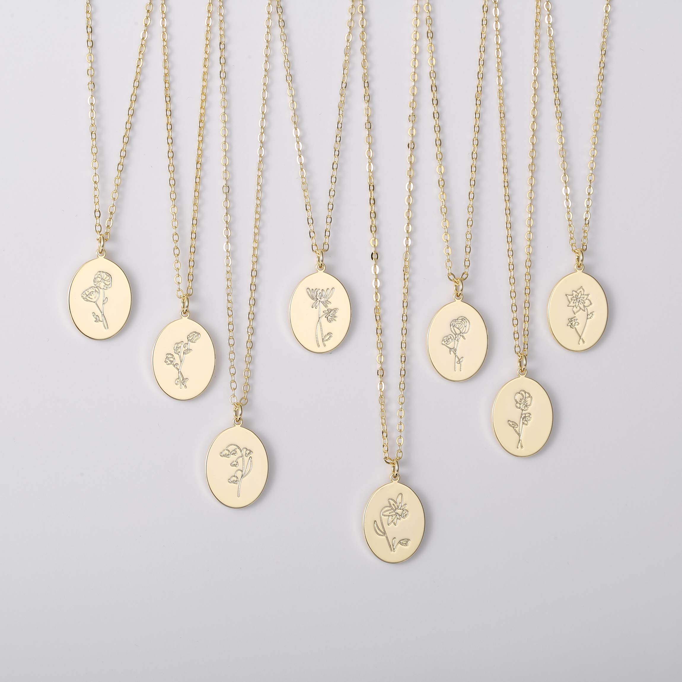 Fremttly Oval Coin Pendant Necklace 12 Month Birth Flower Disc Necklace 14K Real Gold Dainty Personalized Gift -3-Daffodil