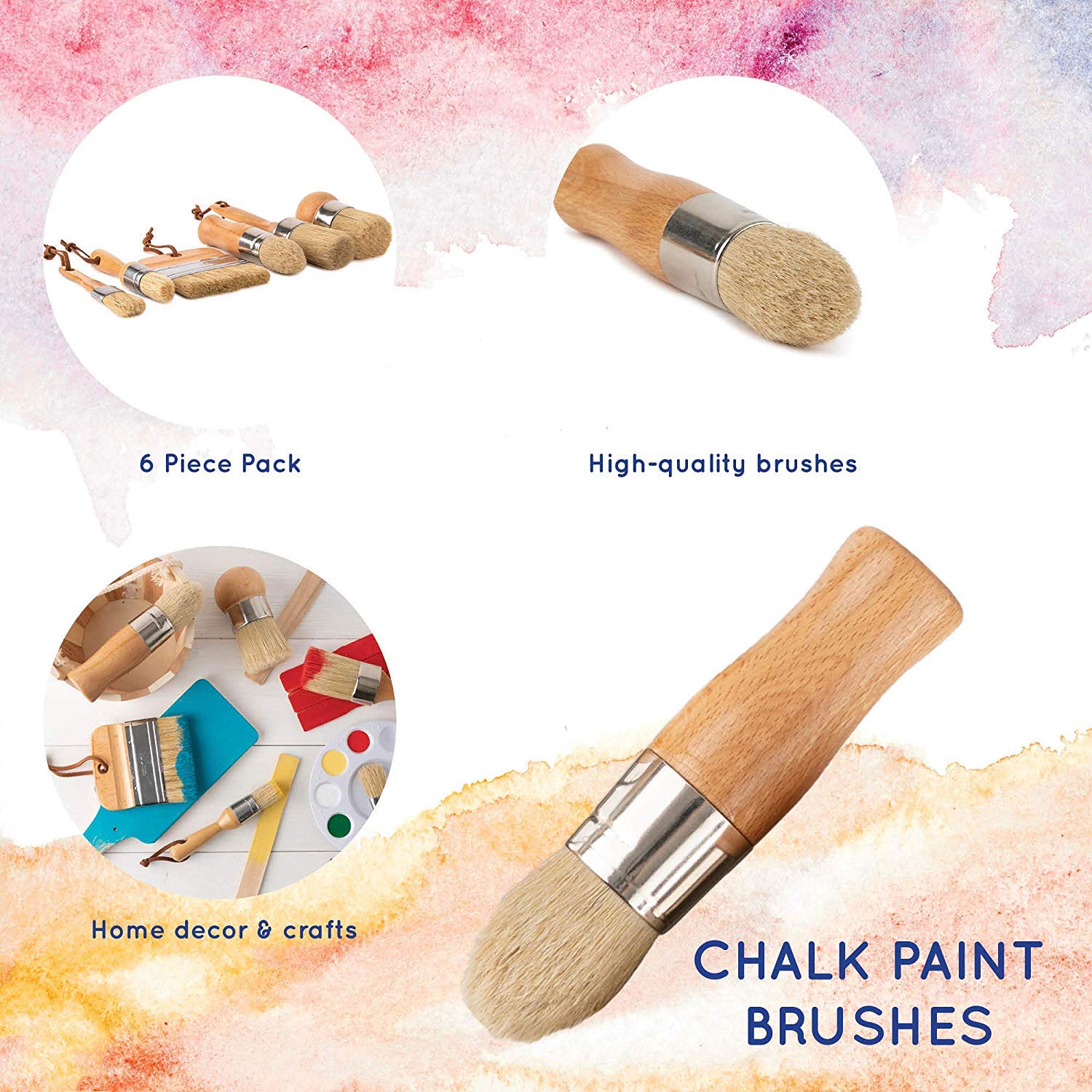 Chalk & Wax Paint Brush (Set of 6) for Waxing & Painting Projects – 100% Natural Boar Bristles, Ergonomic Handles, Minimum Shedding – Smooth Coverage for Furniture, Milk Paint & Stencil by Diyartz