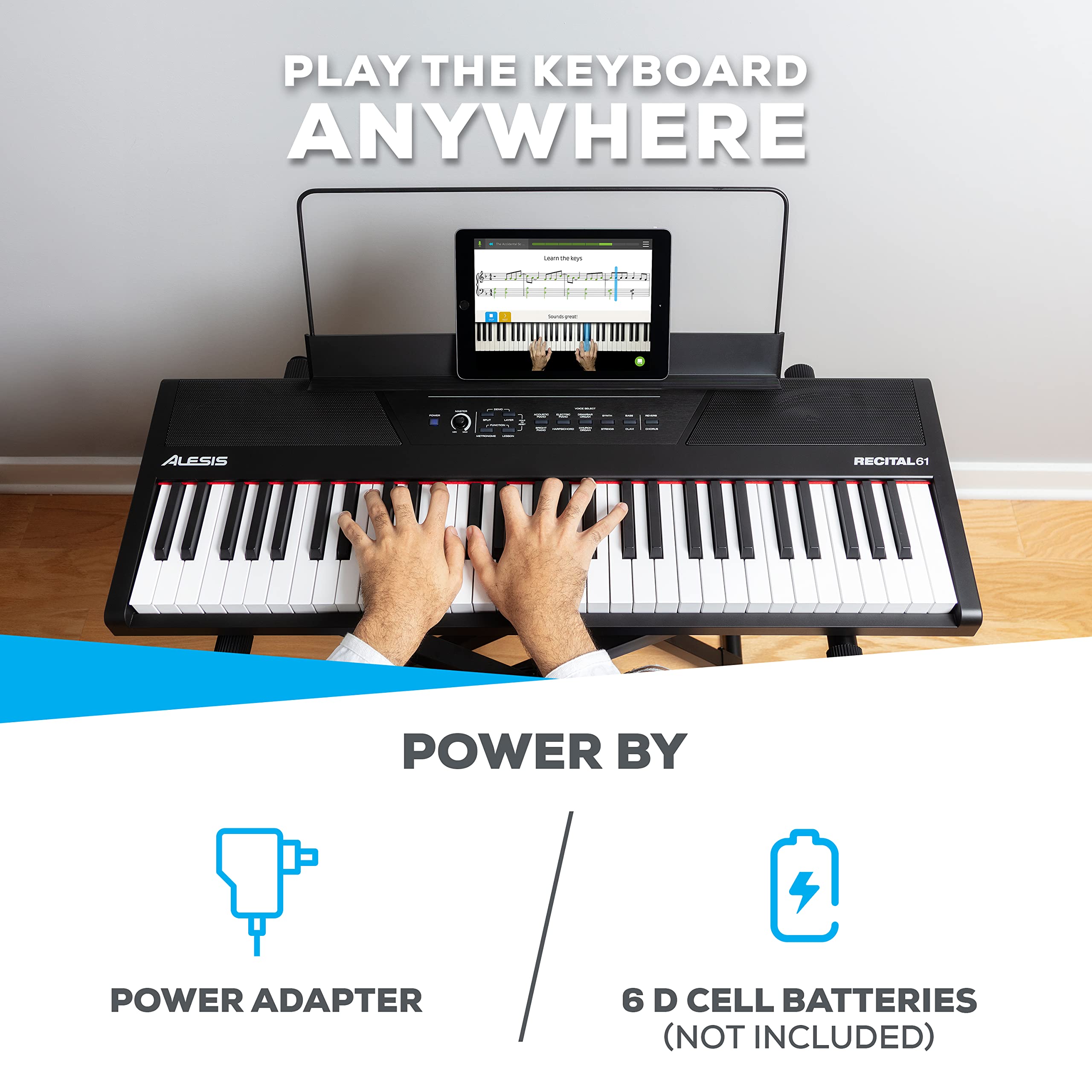 Alesis Recital 61 – 61 Key Digital Piano Keyboard with Semi Weighted Keys, 20W Speakers, 10 Voices, Split, Layer and Lesson Mode, FX and Piano Lessons