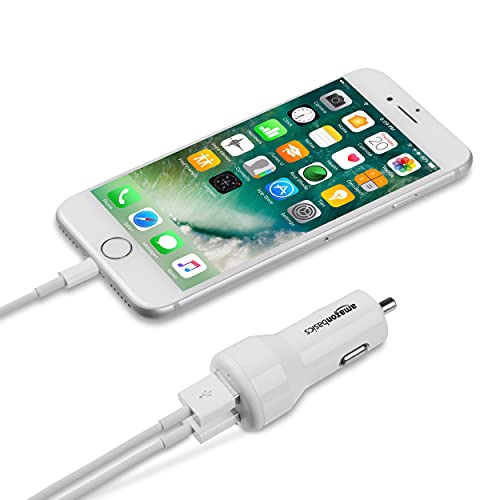 AmazonBasics 4.8 Amp 24W Dual USB Car Charger for Apple and Android Devices, White, 4-Pack