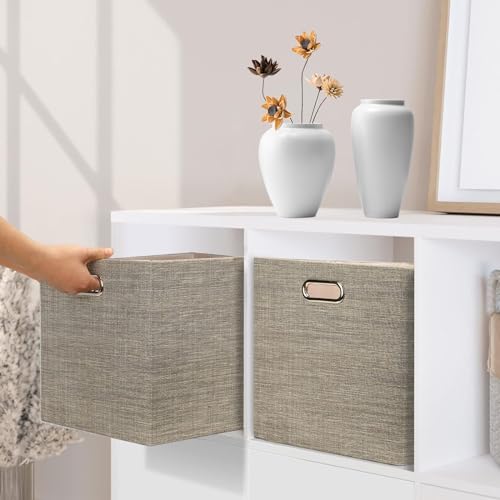 ArcaGuru 13x15x13 Storage Cube Bins, Linen Foldable Fabric Storage Cubes, Storage Cubes Baskets Box with Handles for Shelves, Closet, Wardrobe, Bookcase, Bedroom, 4 Pack, Coffee
