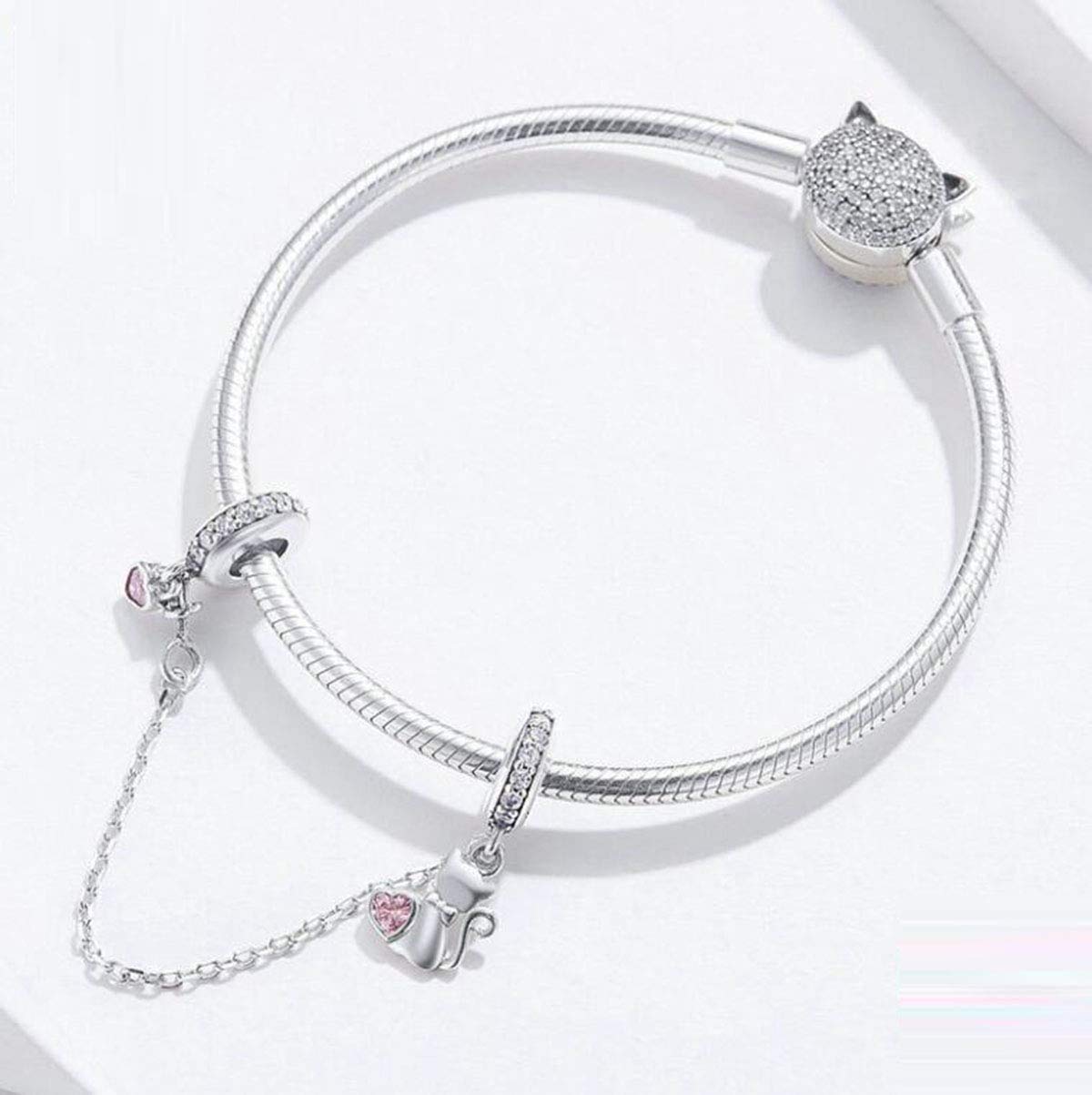 Animal Safety Chain 925 Sterling Silver Rubber Spacer Stopper Beads fit Pandora Style Bracelet (Cat & Heart Safety Chain)