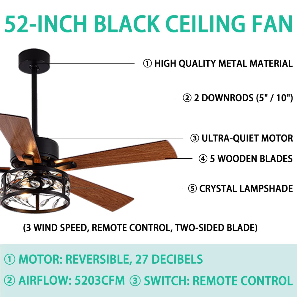 ANFERSONLIGHT 52" Crystal Ceiling Fan with Light - Vintage Industrial Style, Noiseless, Remote Control, Reversible Motor, 3 Speeds - Perfect for Living Room, Bedroom & Dining Room - Black Finish