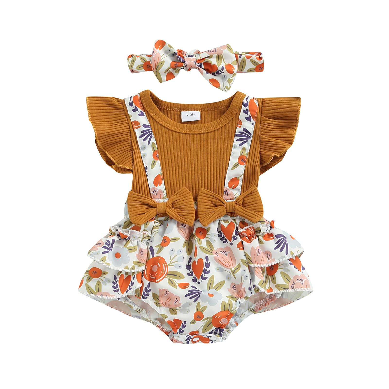 Frietlebird Newborn Baby Girl Clothes Floral Romper Ruffle Sleeve Onesie Dress with Headband Spring Summer Outfit (B-Purple,0-3 Months)