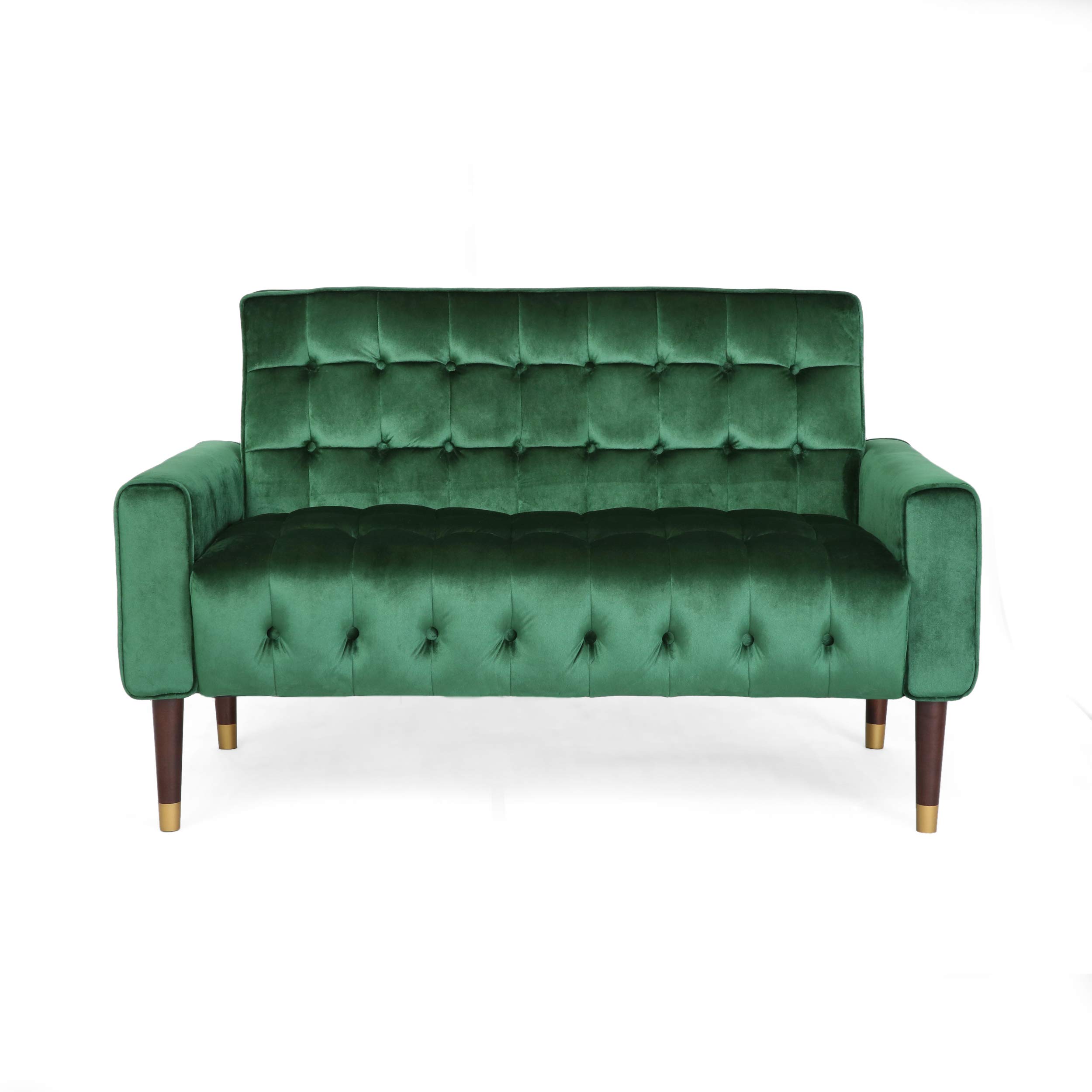 Christopher Knight Home Aubrie Tufted Velvet Loveseat Tipped Tapered Legs, Emerald and Gold Finish