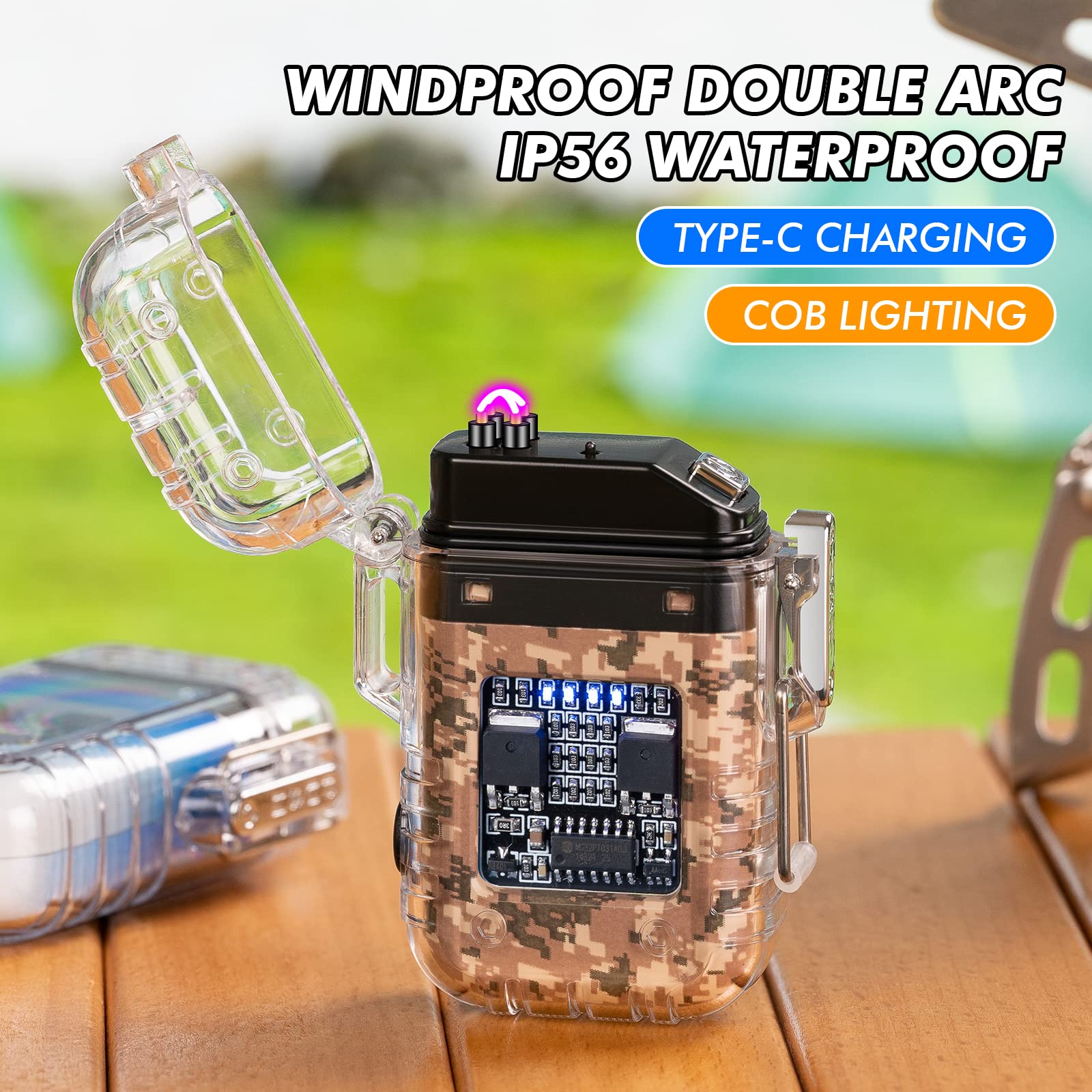 Aneagle Outdoor Windproof Lighter Dual Arc Electric Lighters with Flashlight USB Rechargeable-Flameless-Plasma Cool Lighters for Camping,Adventure,Survival Tactical Gear (Camouflage)
