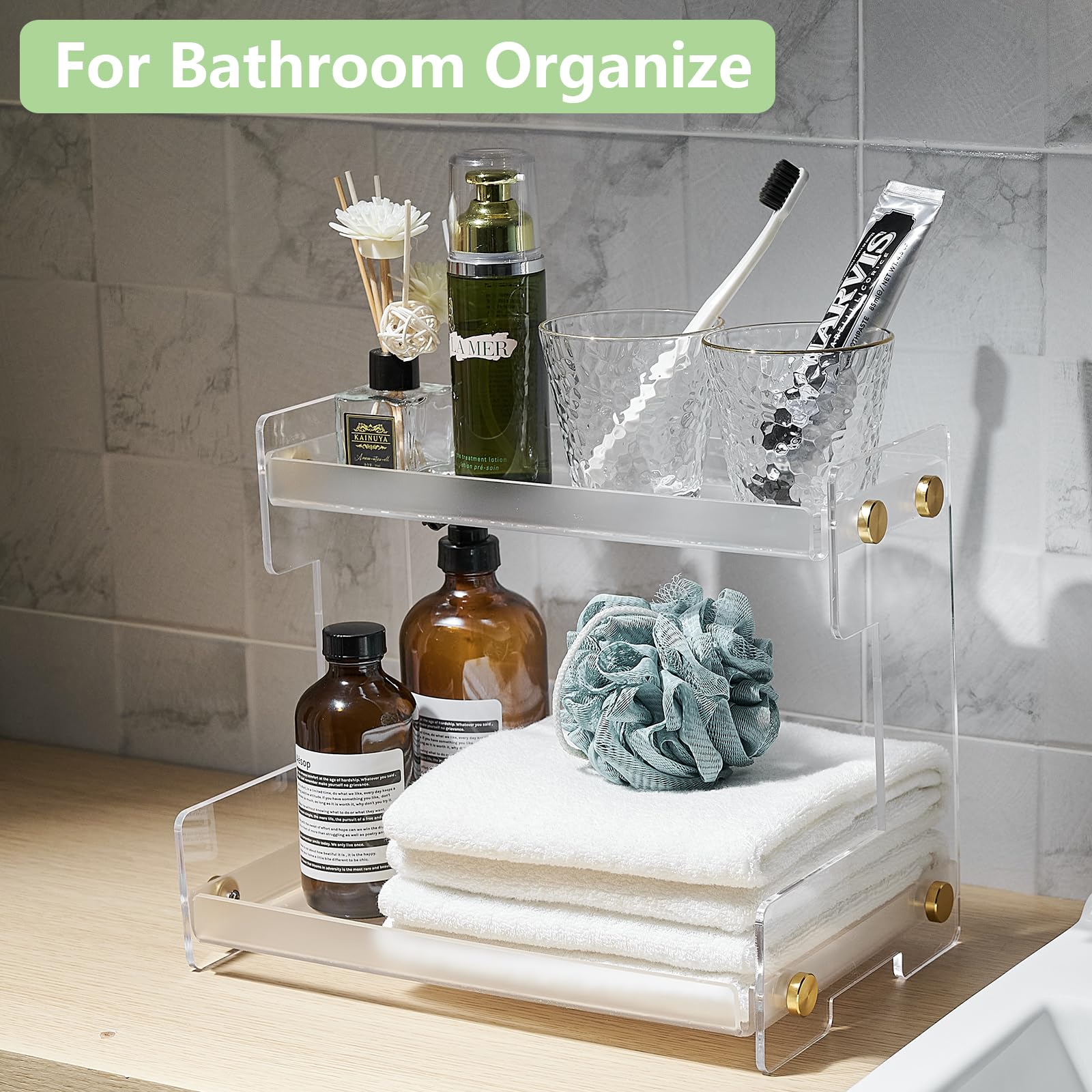 BATHLAVISH Frosted Bathroom Countertop Organizer, Acrylic Vanity Counter Organizer, 2-Tier Cabinet Organizer Makeup Cosmetics Storage Vanity Holder for Lipstick