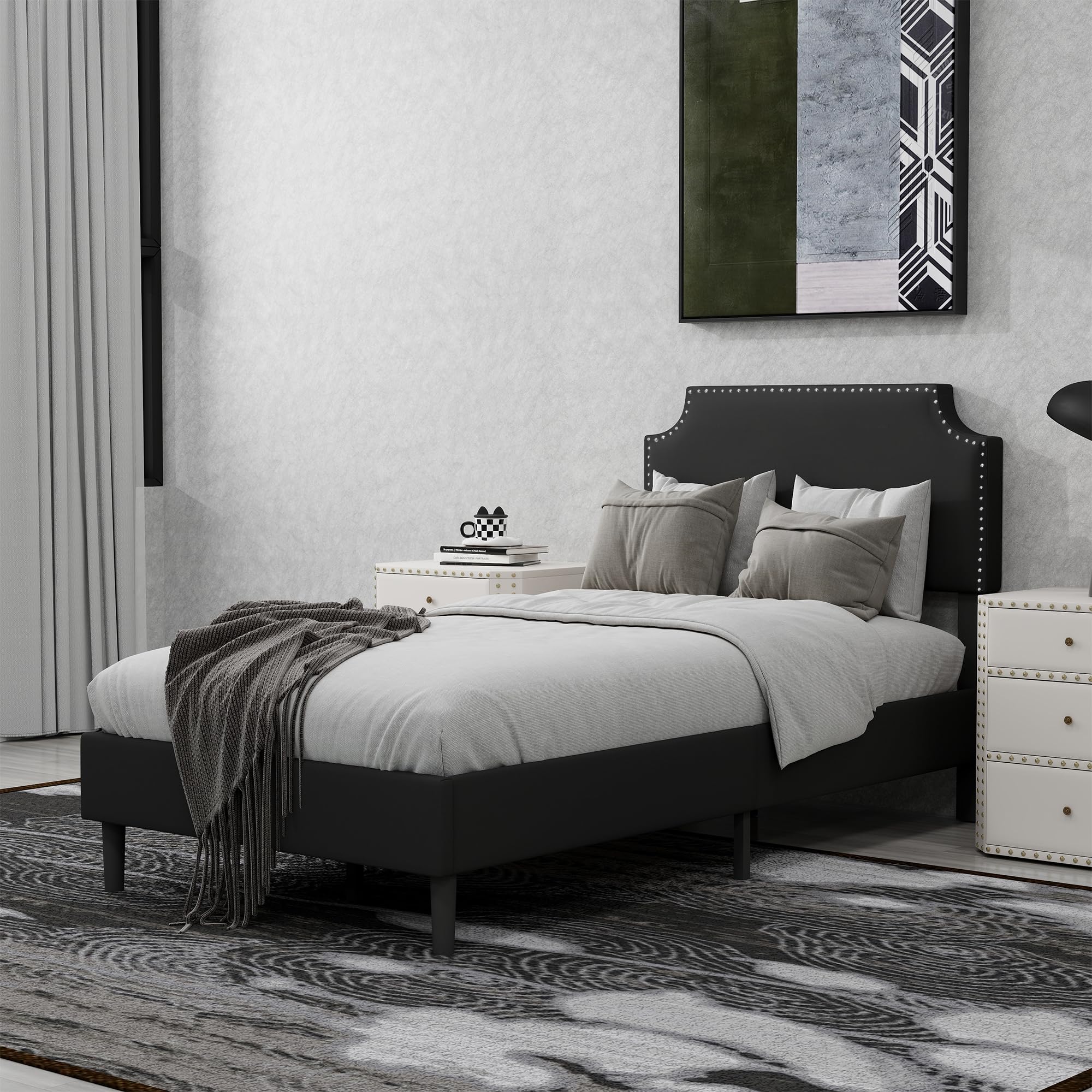 Tuconia Upholstered Platform King Size Bed Frame with Adjustable Headboard Wooden Slats Support No Box Spring Needed Noise-Free Velvet Beige