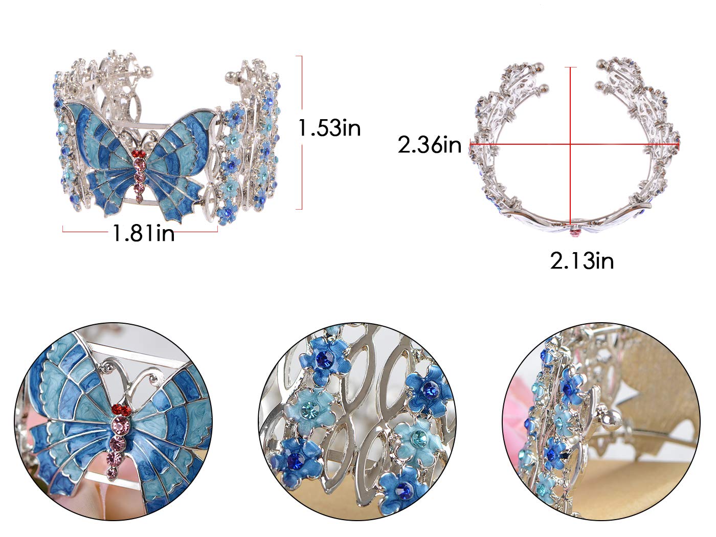 Alilang Silver Tone Blue Enamel Floral Crystal Rhinestone Flower Butterfly Cuff Bangle Bracelet