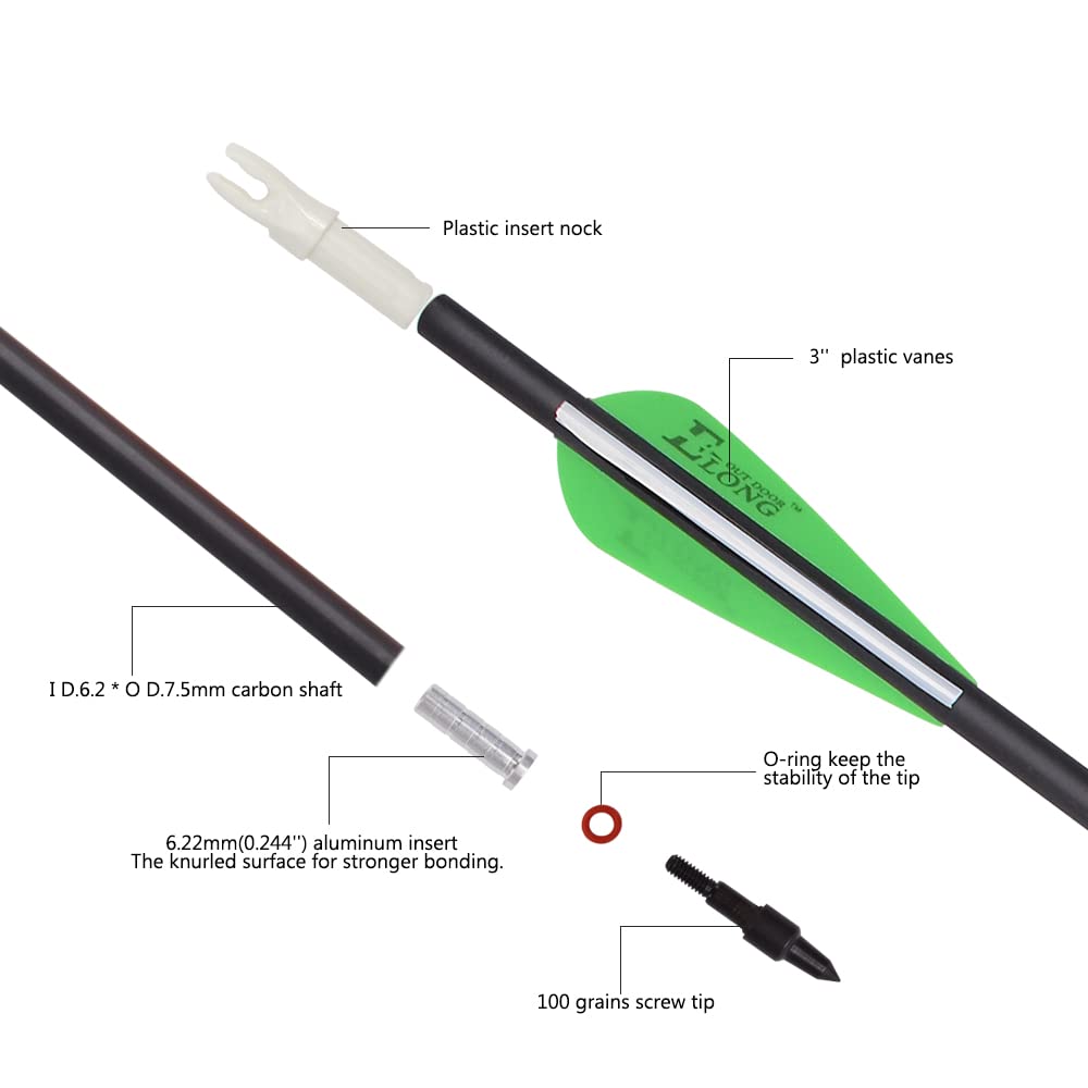 Archery Bow Carbon Arrow Hunting Target Practice Arrows 28 Inch with Removable Tips for Compound & Recurve Bow Spine 500 12PCS Pack
