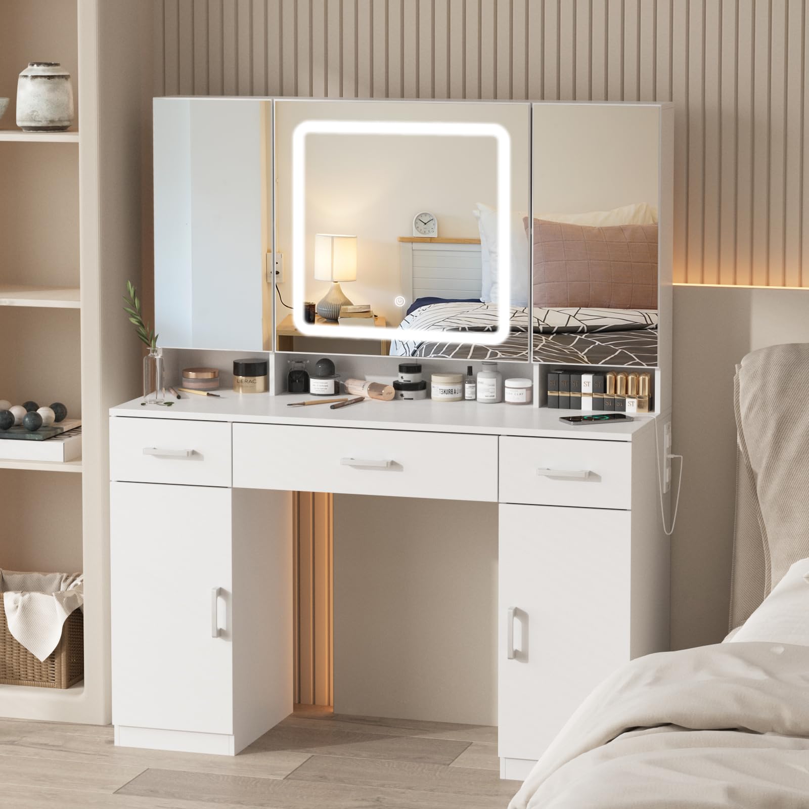 Vabches Vanity Desk with 3 Opening Mirrors and LED Lights, Makeup Vanity Table with 10 Storage Shelves, 3 Large Drawers and 2 Cabinets, 45.3" Dressing Table with Jewelry Armoire & Power Outlet, White