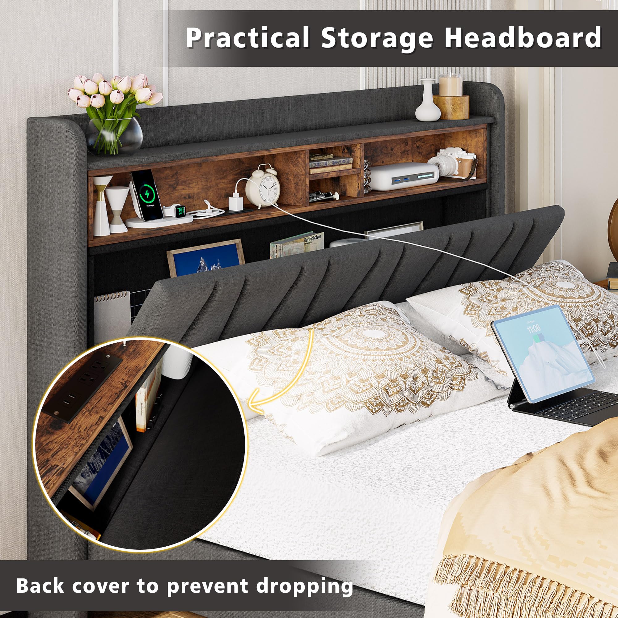 ANCTOR Queen Bed Frame with Charging Station, Bed Frame Queen Size with Storage Headboard, Upholstered Platform Bed with Heavy Duty Support Legs, No Box Spring Needed, Noise Free, Dark Grey
