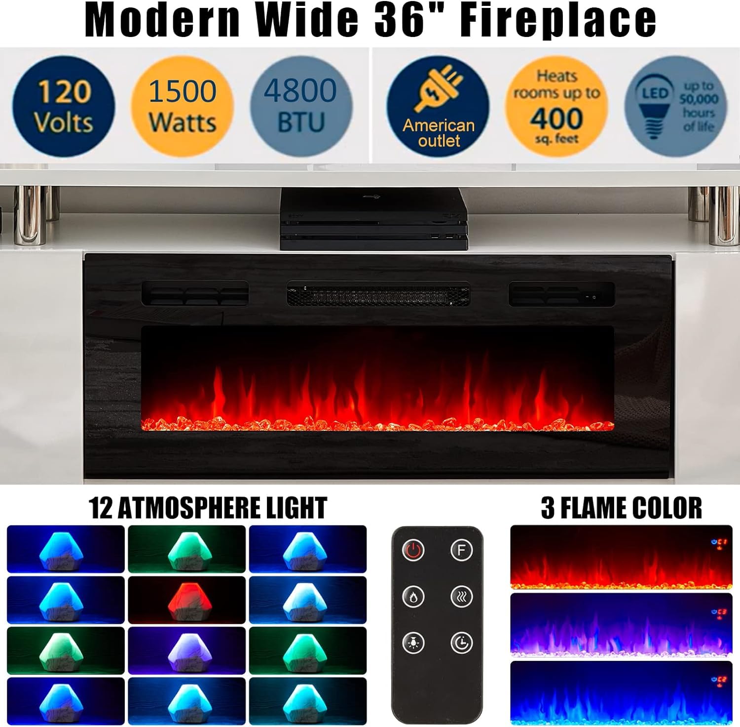 AMERLIFE Electric Fireplace with Remote Control, 36" Fireplace Heater Controlled Separate Flame, Heat for Living Room or Bedroom, Black