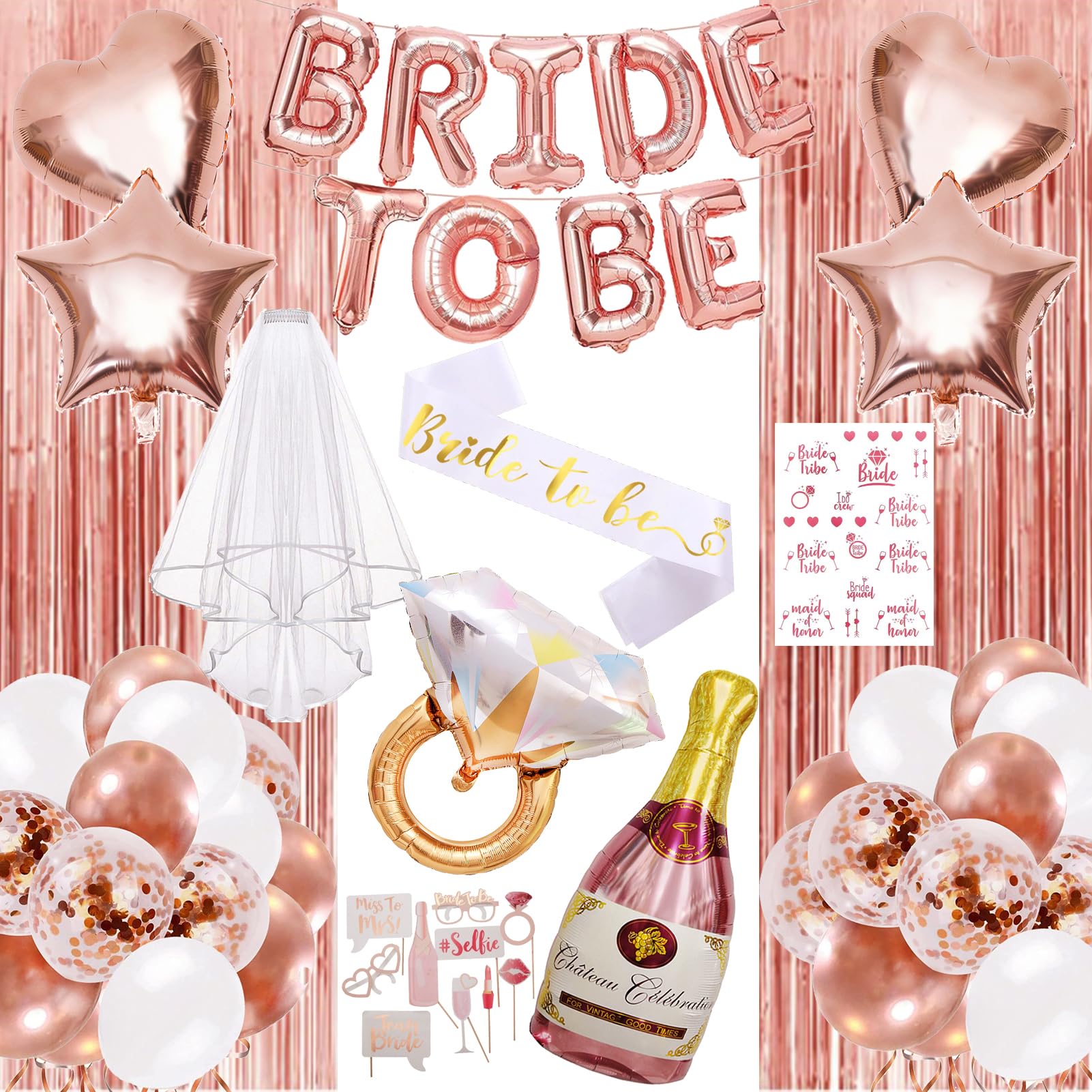 Bachelorette Party Decorations Rose Gold Bridal Shower Party Favors Kit Bride To Be Sash and Foil Balloons, Curtain, Veil, Photo Props, Temporary Tattoos, Latex Balloons