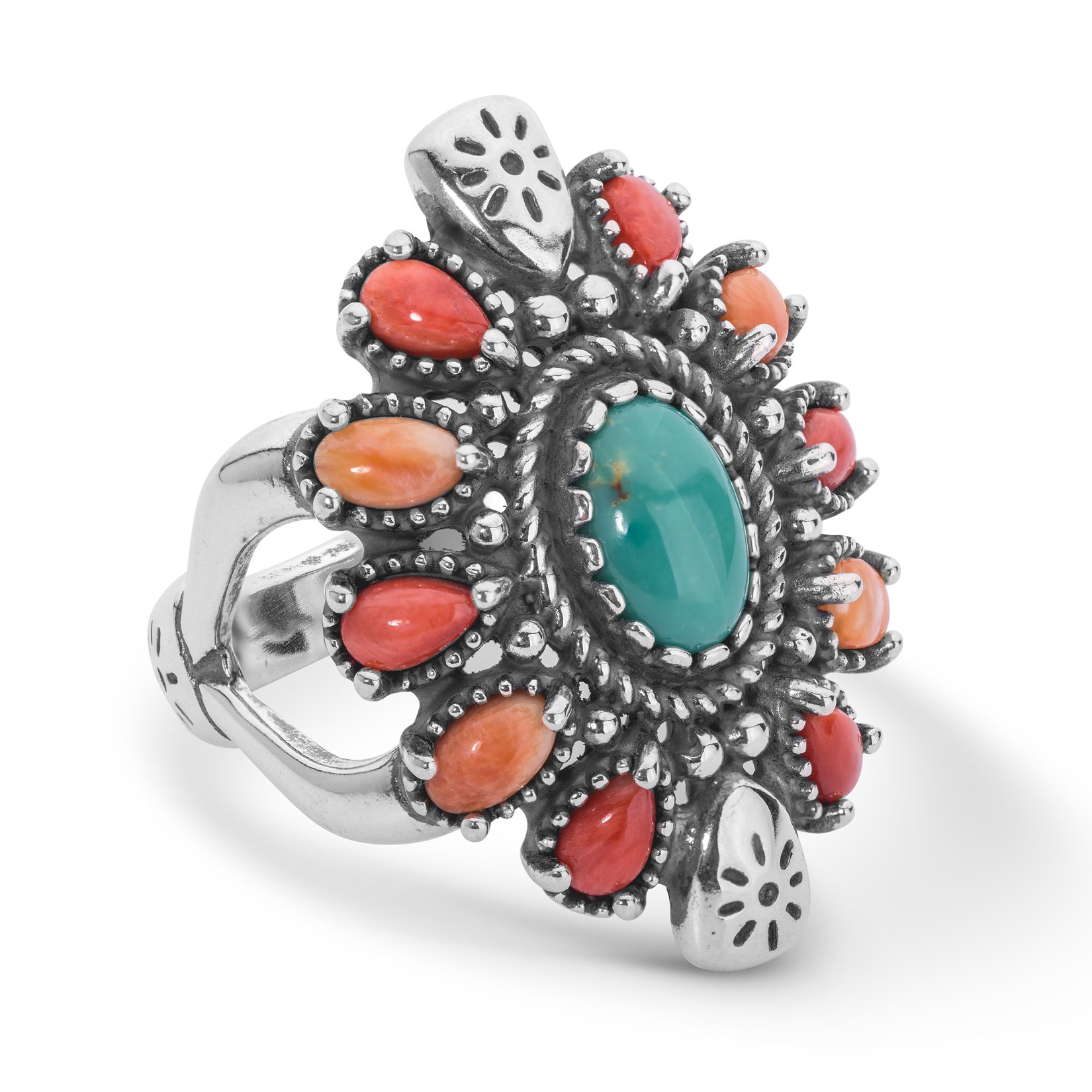 American West Sterling Silver Green Turquoise, Red and Orange Spiny Oyster Gemstone Cluster Ring Size 7
