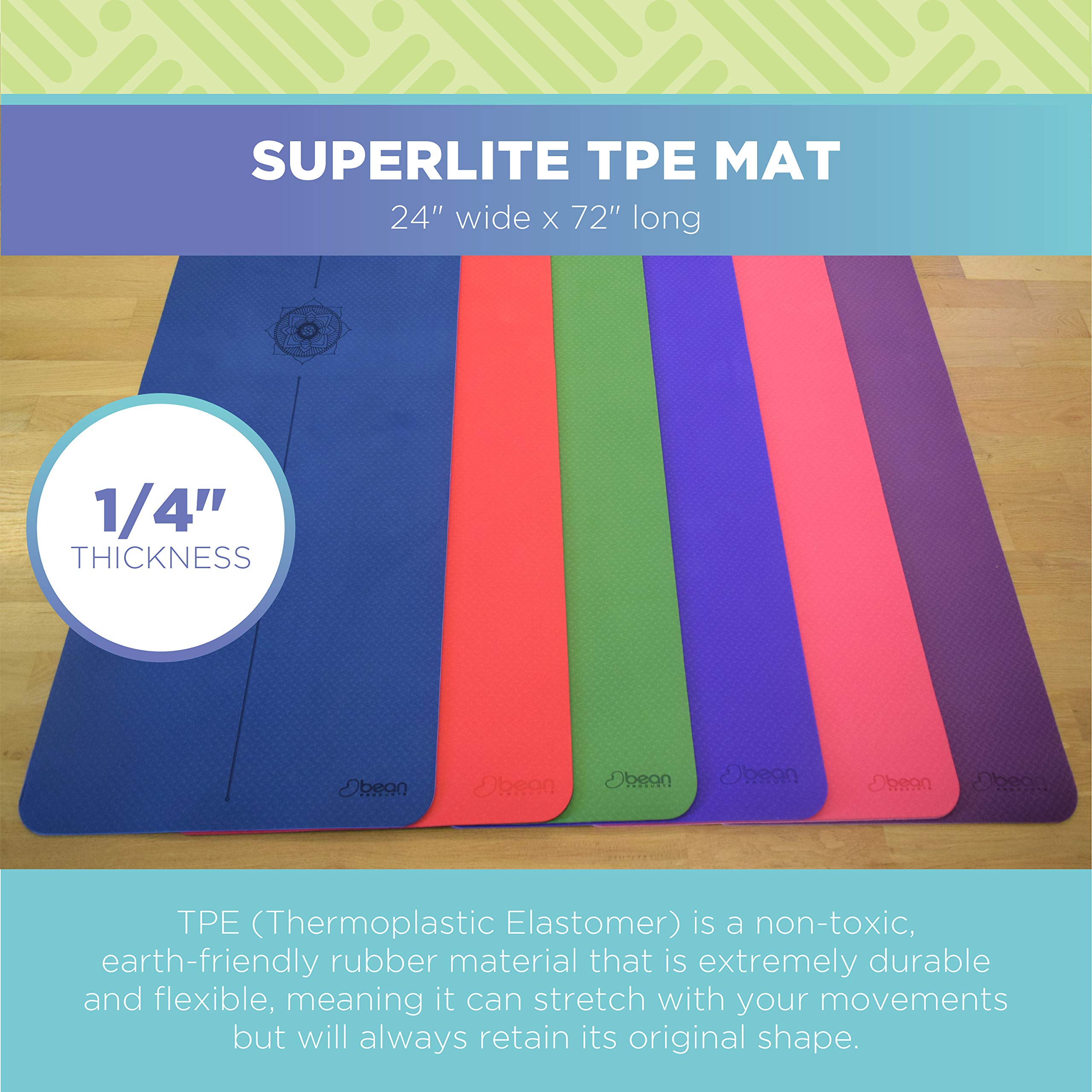 Bean Products SuperLite TPE Yoga Mat | Centering Mandala Design | Extra-long | Non-skid, Slip Resistant | Earth-friendly exercise gym mat | (4mm thick x 24” wide x 72” long) | Grass Green…