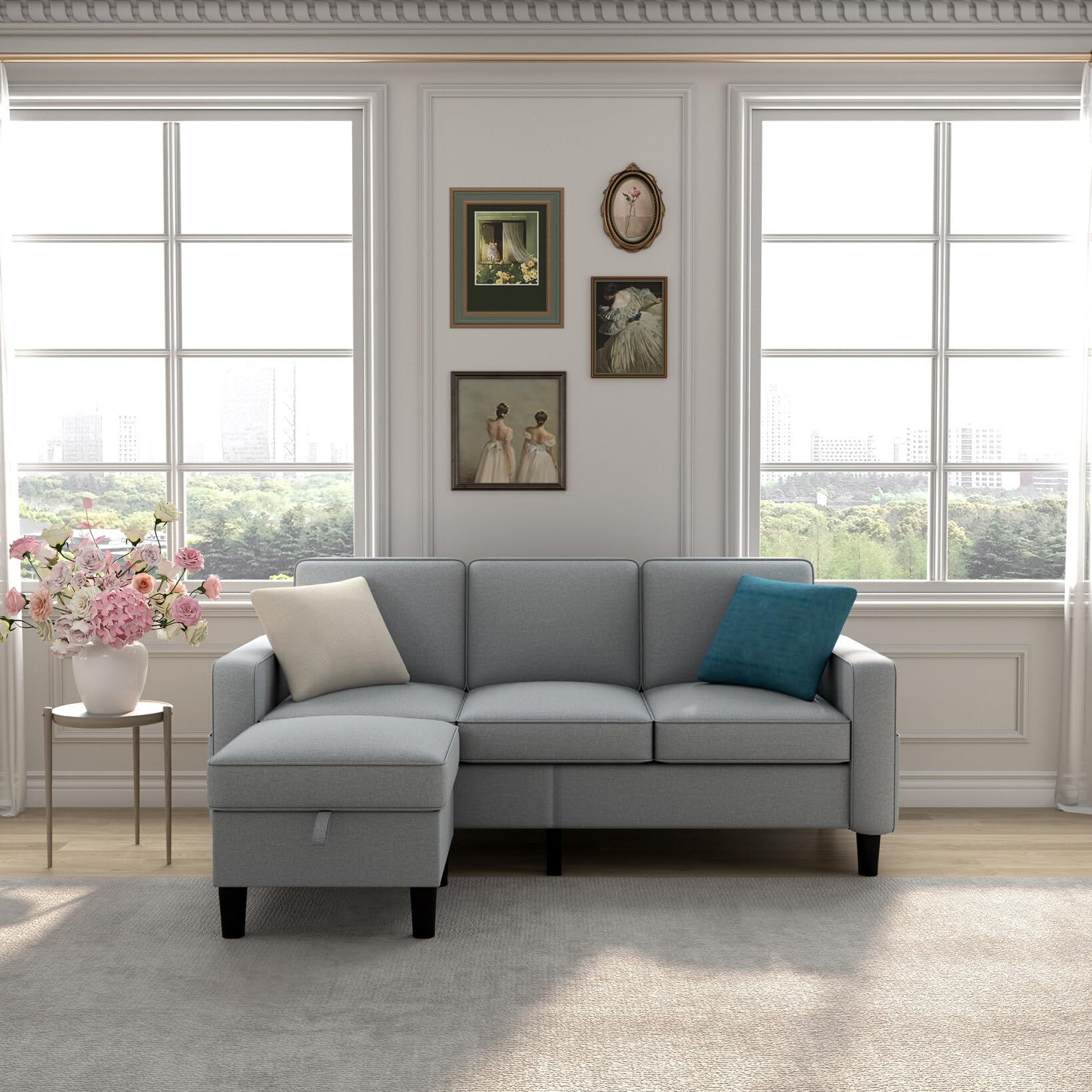 Convertible Sectional Sofa Couch, L-Shaped Sofa with Movable Ottoman and Side Pocket, Cloud Couch 3 Seat Sofa for Living Room Office Small Apartments, 680 LBS Capacity, Dark Gray