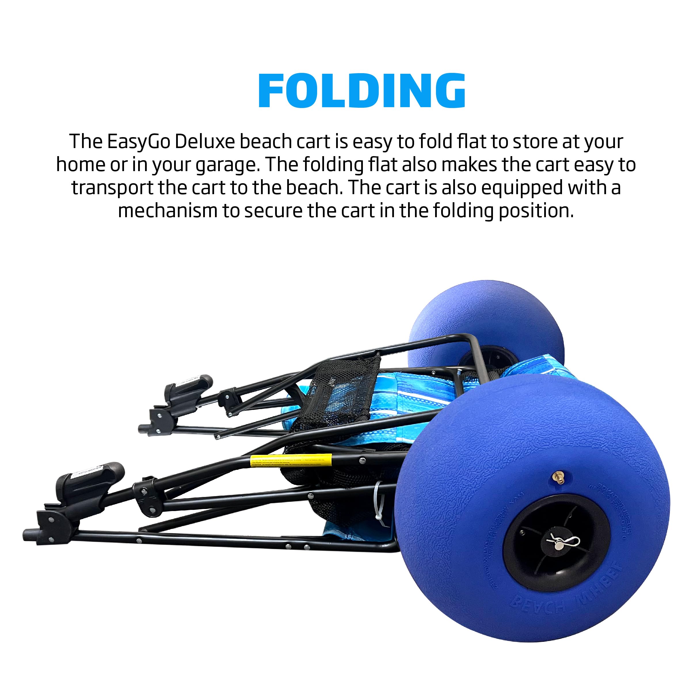 Beach Cart Balloon Wheel Deluxe Heavy Duty Folding Ocean Utility 13β x 7β Sand Wheels Holds 4 Folding Chairs Umbrella Holder Removable Beach Bag Blue Striped Pattern