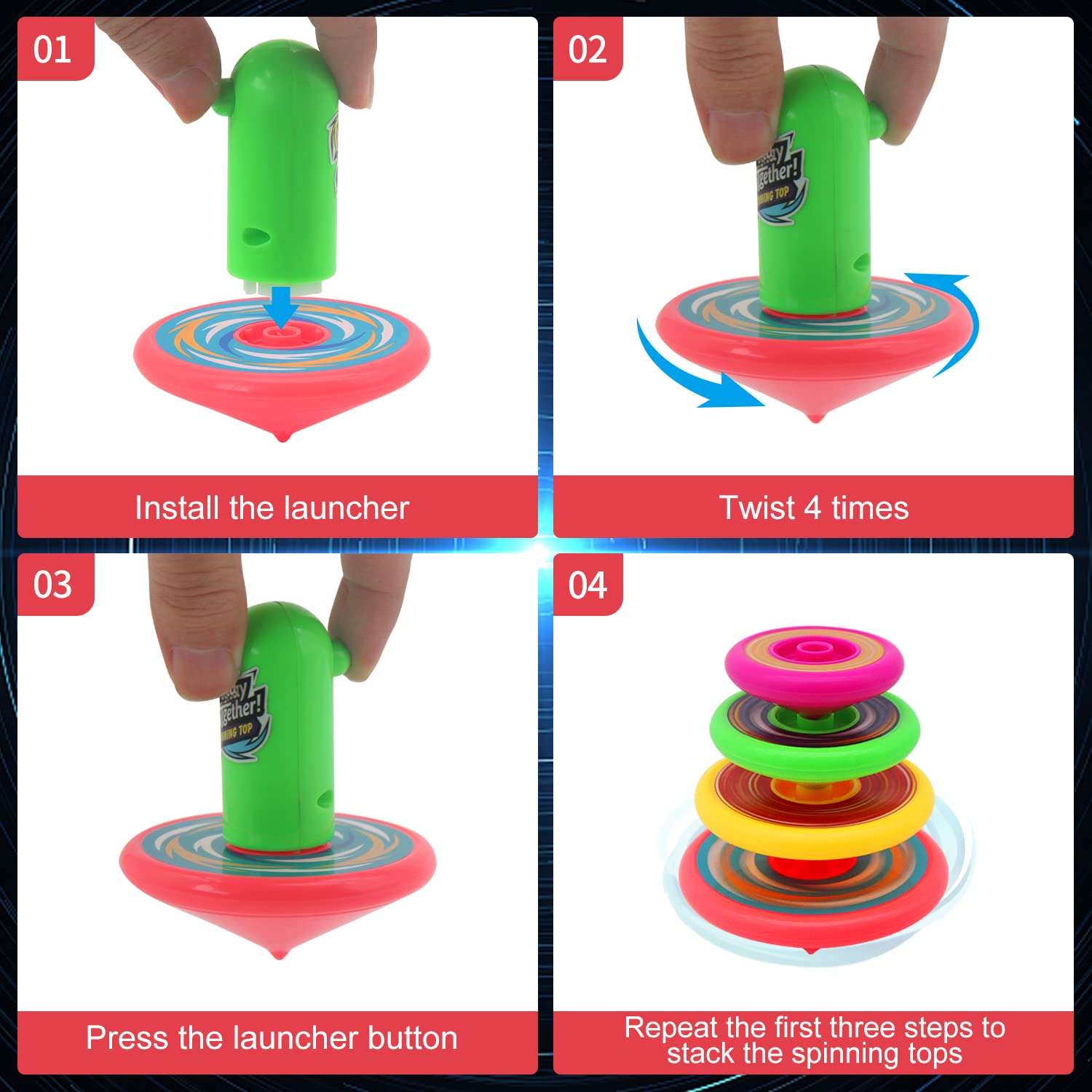 Durable Stackable Spinning Tops for Kids, Set of 4, Spin Toys, Fun Birthday Party Favors for Boys and Girls (Up 3 Years Old)