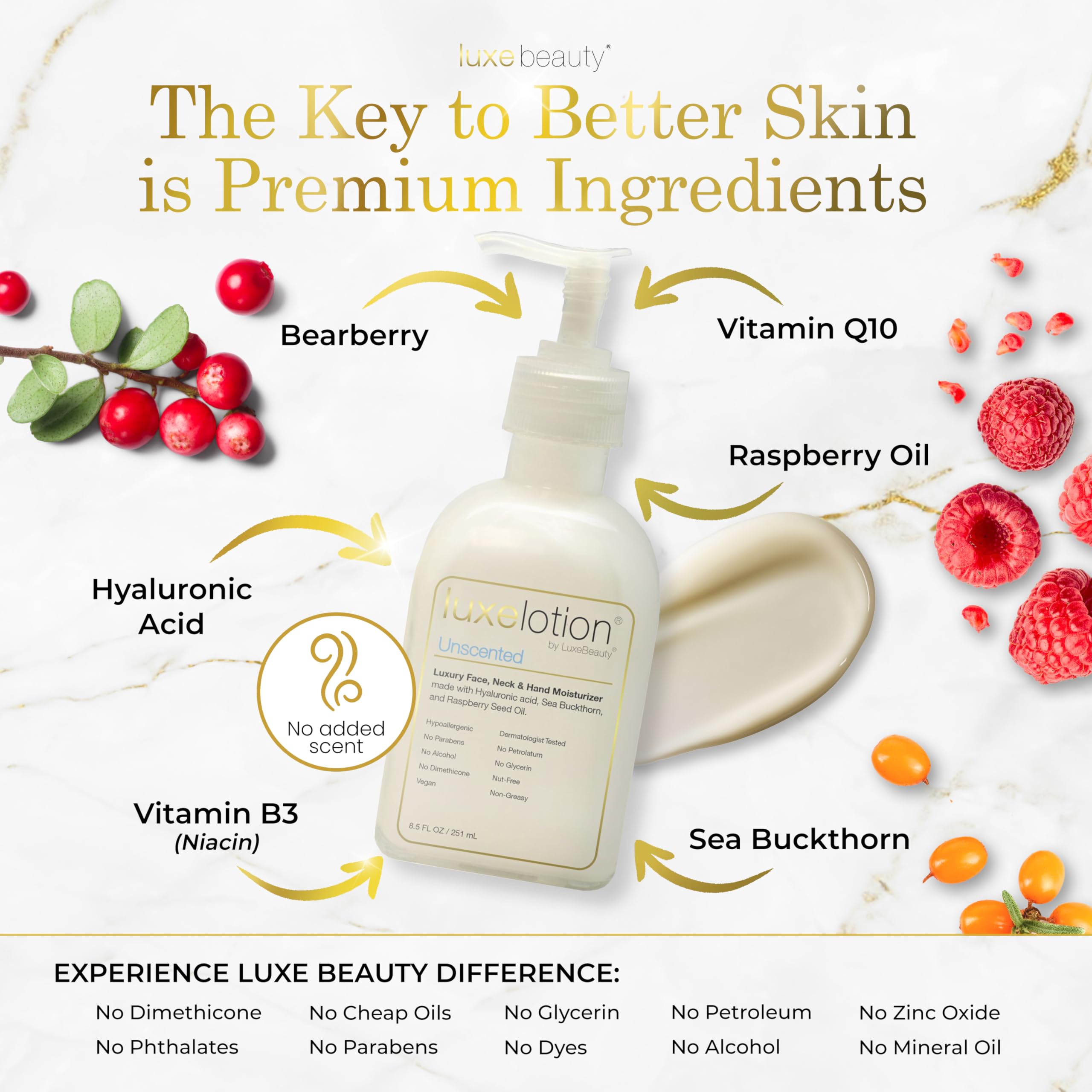 Luxe Beauty: Unscented Luxury Lotion - Anti-Aging Hand & Body Lotion with Hyaluronic Acid - Moisturizing, Lightweight, Non-Greasy Formula for Silky Smooth Skin - Gentle Hand Cream & Body Moisturizer