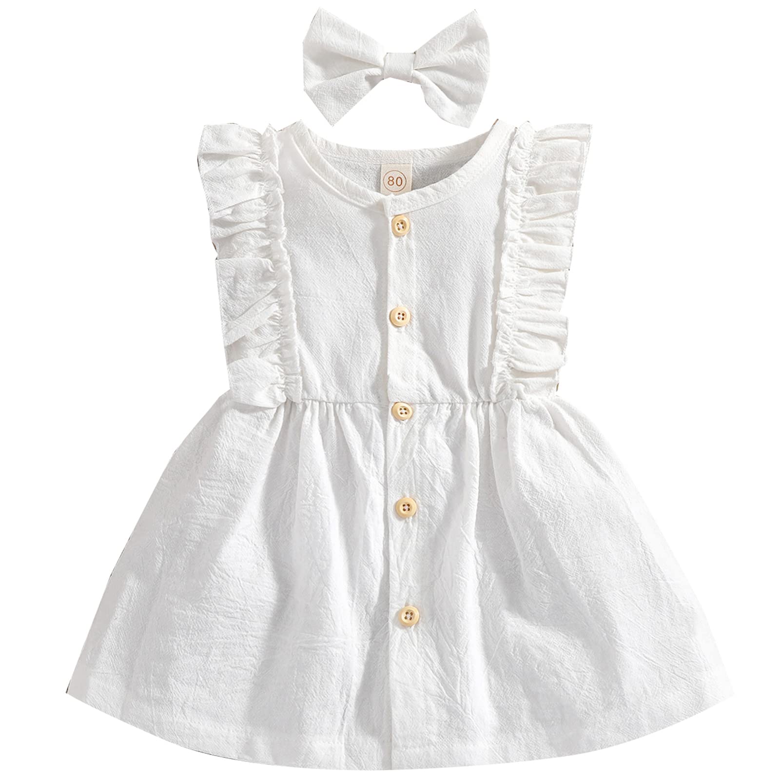 Cudilica Toddler Baby Girls Summer Dress Sleeveless Ruffle Solid Cotton Linen Button Princess Dresses Headband Infant Set (White, 6-12 Months)