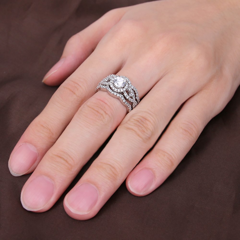 AOEDEJ 3 Piece Round Cut Halo CZ Ring 925 Sterling Silver Anniversary Wedding Band Engagement Ring Bridal Set (8)