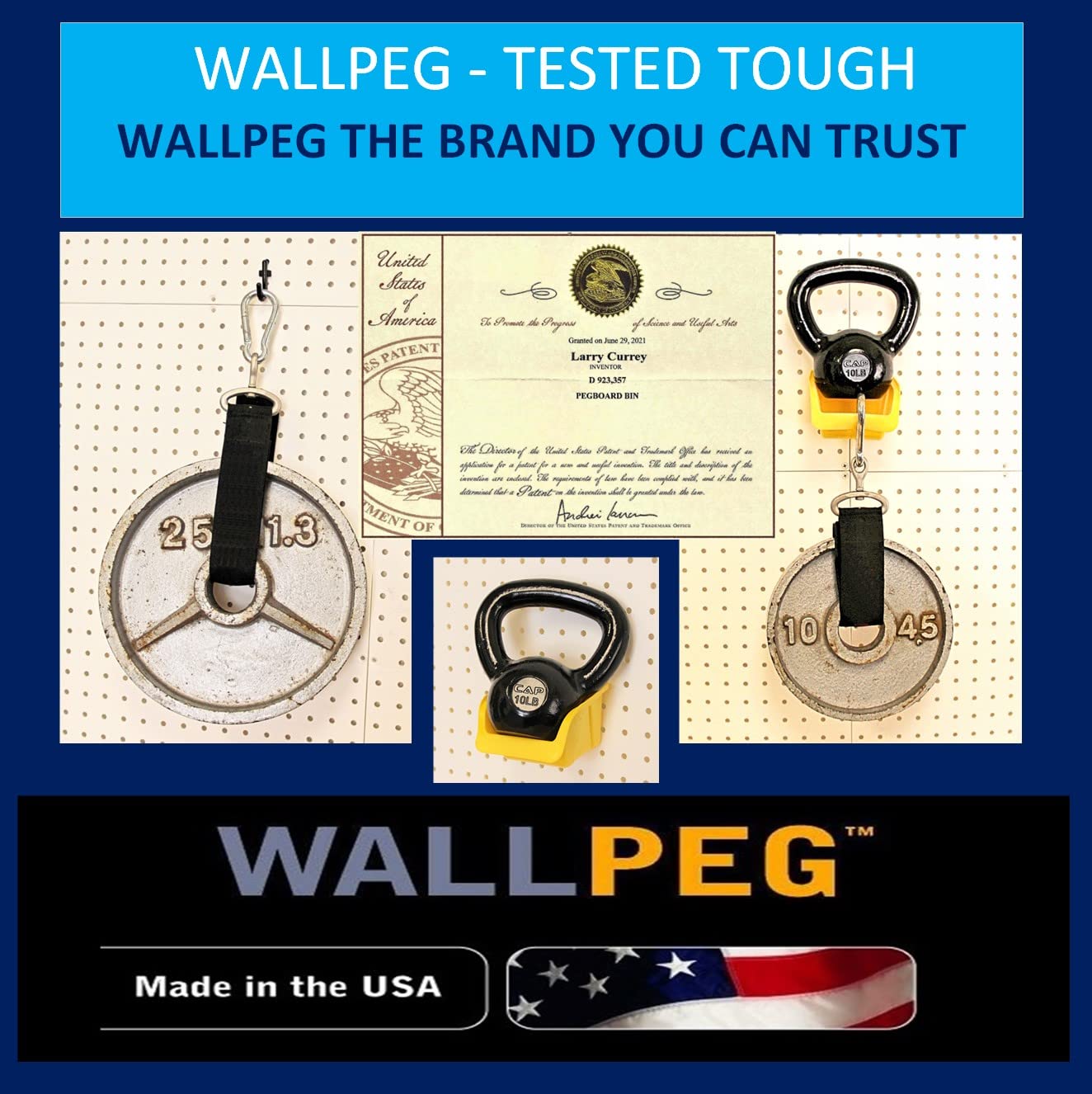 WallPeg - Made in USA - Pegboard Organizer System, Peg board (PK-2-3-15) Kit with Pegboard Bins, Hooks, Peg Board, Pegboard Wall Storage System (3 Tracks- 15 Bins)
