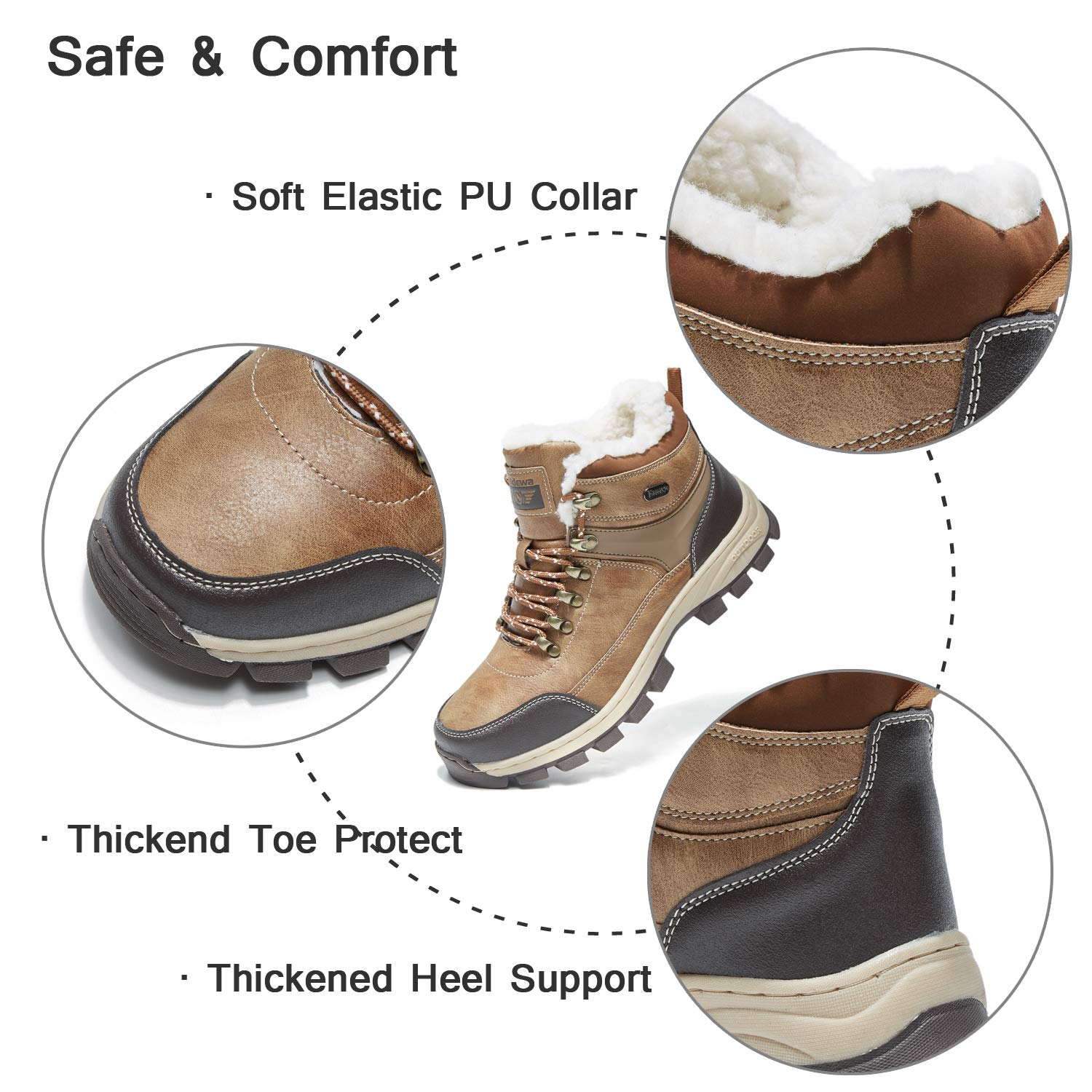 AMIDEWA Men’s Snow Ankle Boots Fur Lined Warm Anti-slip Outdoor Work Shoes for Cold Weather Hiking Camping Backpacking - BROWN - 8