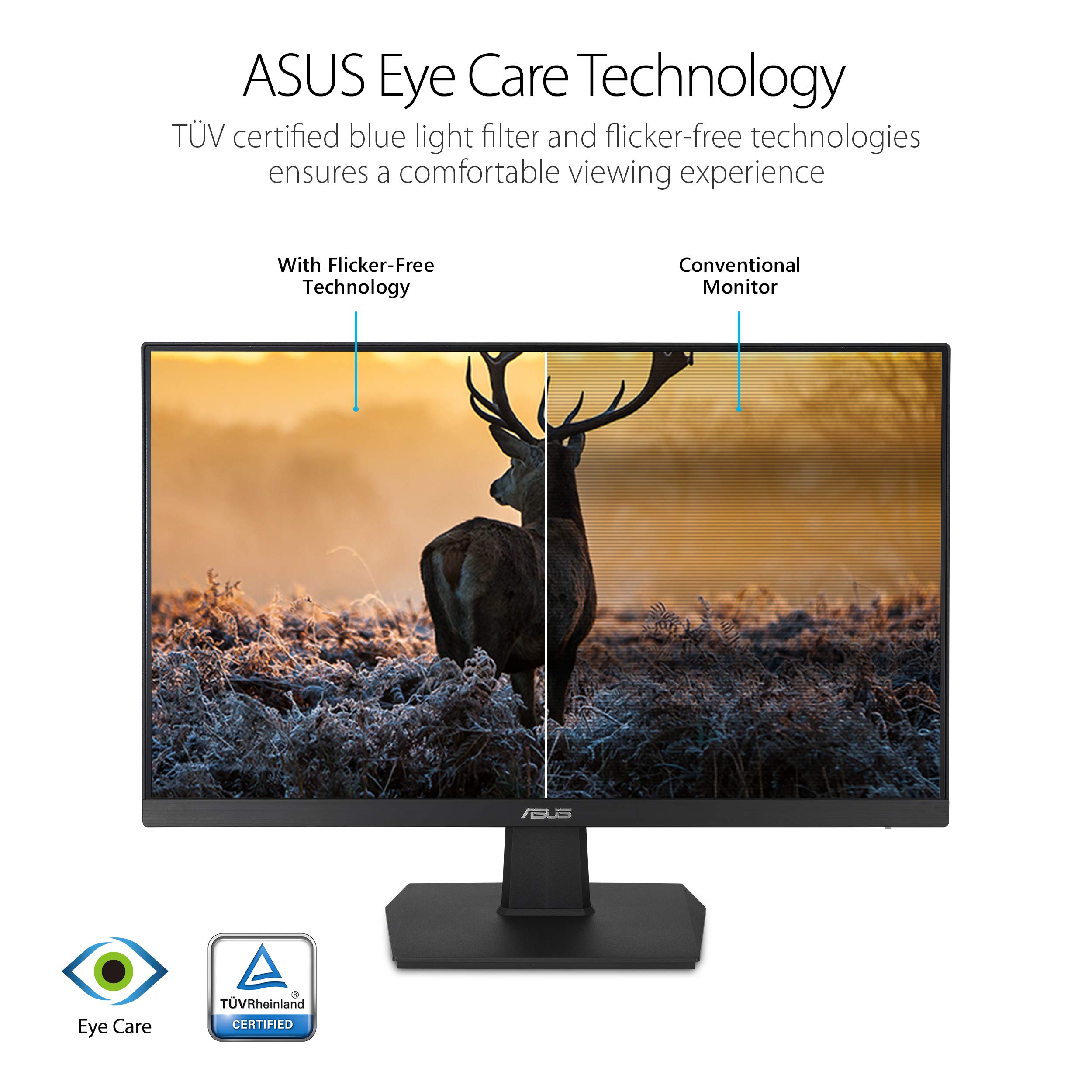 ASUS VA24EHE 23.8 Monitor, 1080P, Full HD, IPS, 75Hz, HDMI D-Sub DVI-D, Adaptive-Sync / FreeSync, VESA wall mountable, Eye Care, Flicker-free and Low Blue Light (Renewed)