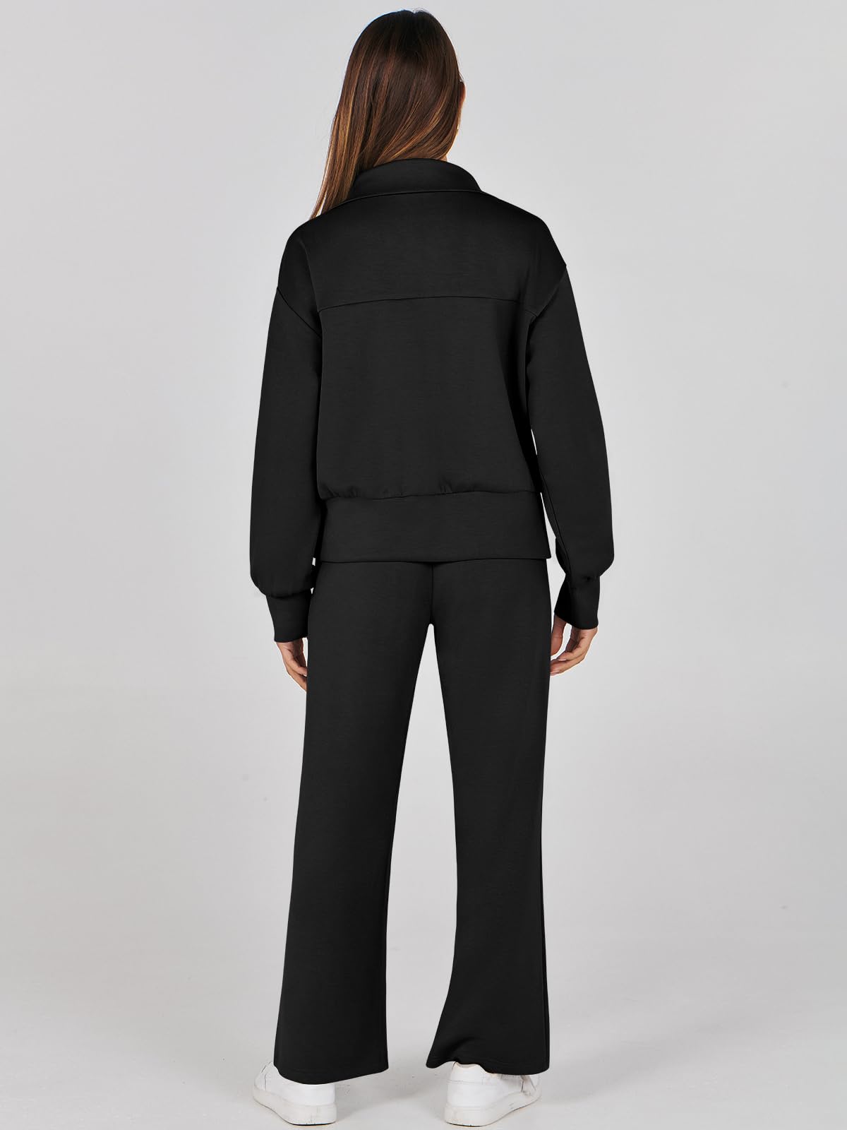 ANRABESS Womens Two Piece Outfits 2024 Fall Sweatsuit Set Half Zip Cropped Sweatshirt Wide Leg Sweatpant Lounge Set Black Medium