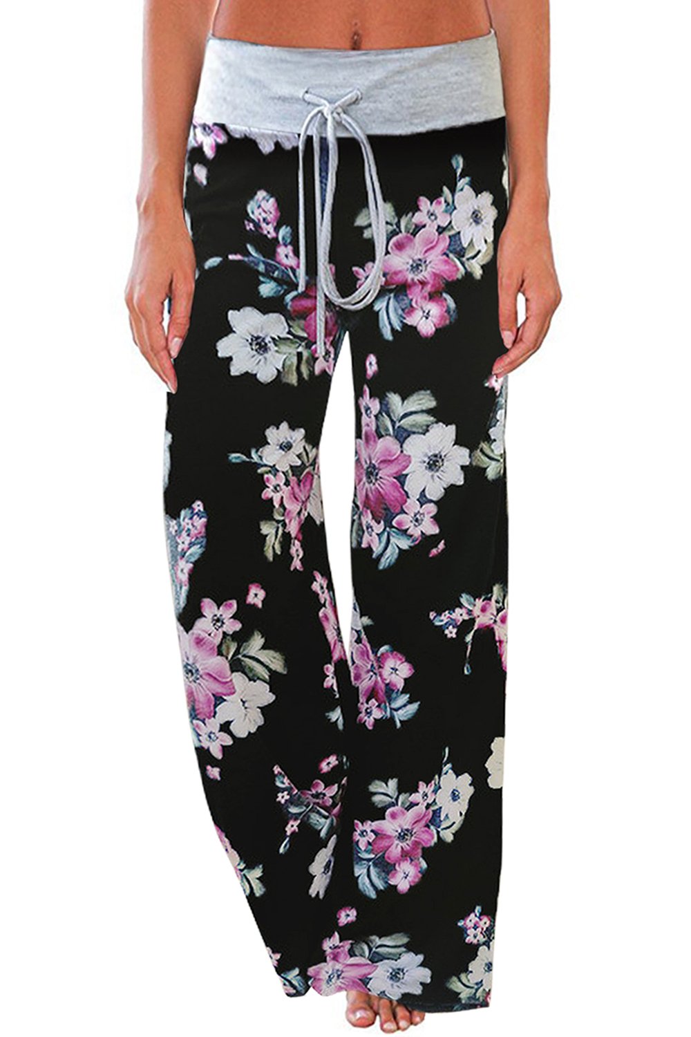 AMiERY Women's Casual Pajama Pants Lounge High Waisted Wide Leg Comfy Drawstring Floral Print Palazzo Pj Bottoms Pants Black XL