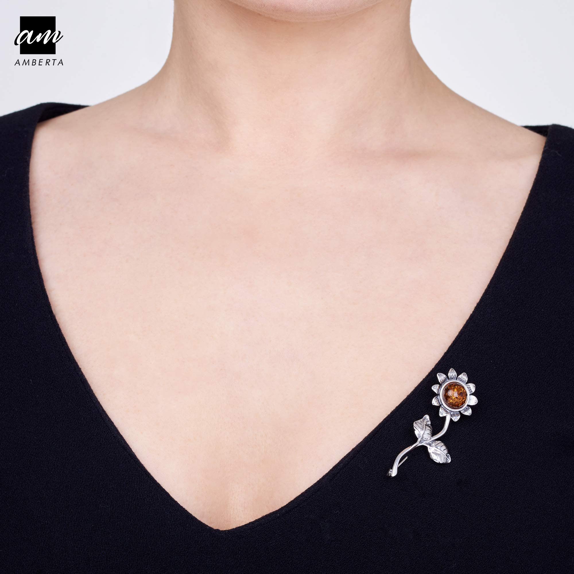 Amberta 925 Sterling Silver with Genuine Baltic Amber - Sunflower Brooch/Pin for Women - Honey Stone Color