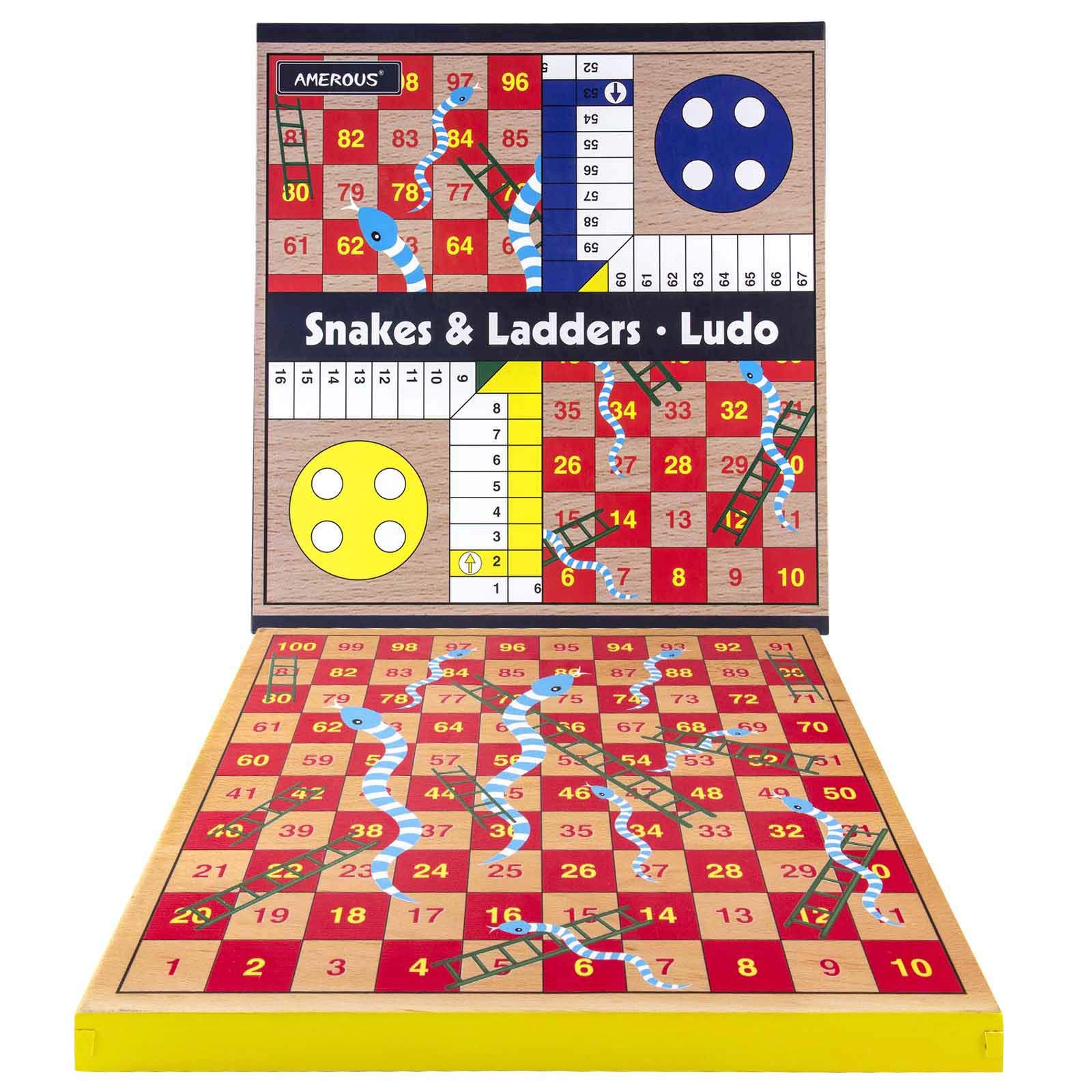 AMEROUS 12 inches Wooden Ludo Board Game - Snakes and Ladders, 2 in 1 Reversible, 1-4 Players Family Dice Games Set for Kids, Adults, Classics Tabletop Version (Gift Box Packed)