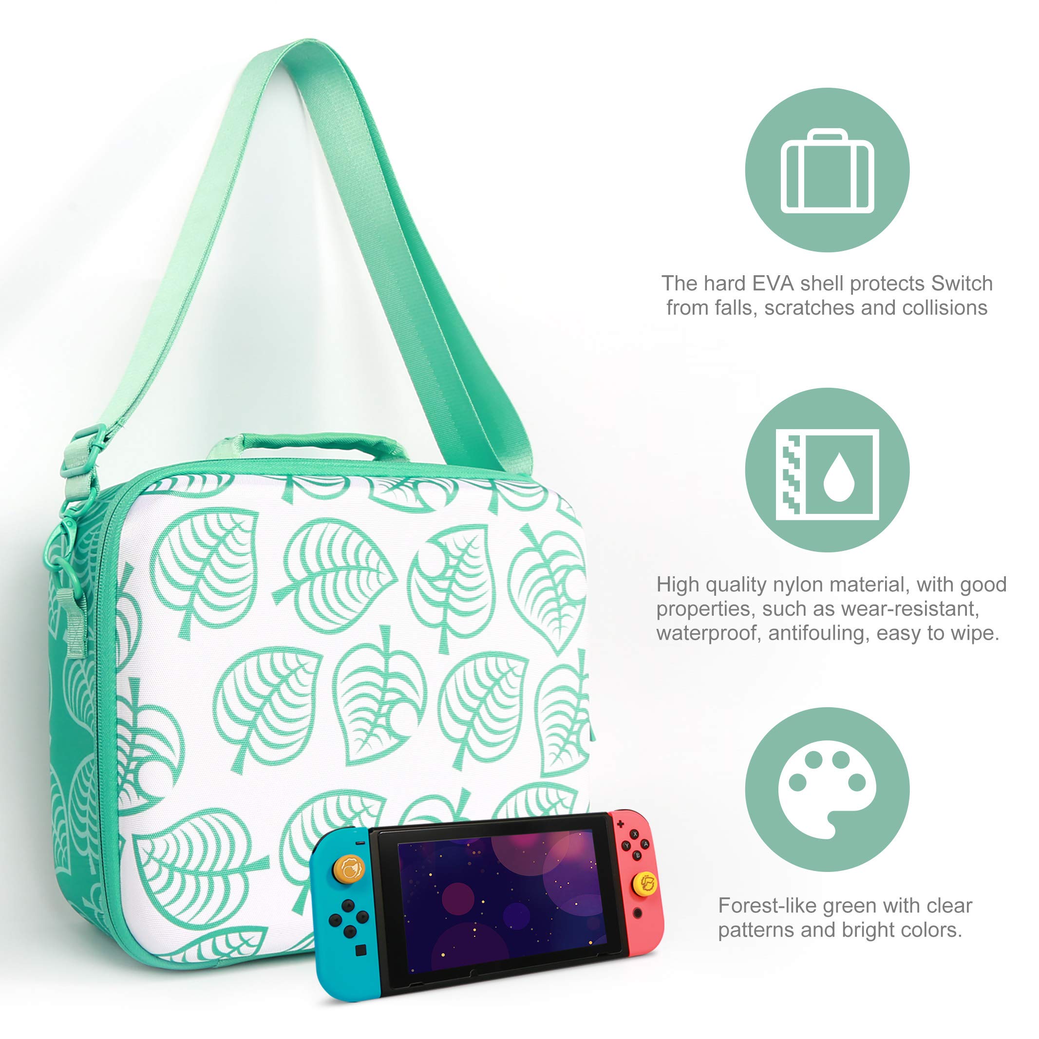 Anyuwen Carrying Case for Nintendo Switch, New Leaf Crossing Storage Case for Nintendo Switch Console Controller and Accessories Large Hard Shell Protective Bag with Handle and Shoulder Strap