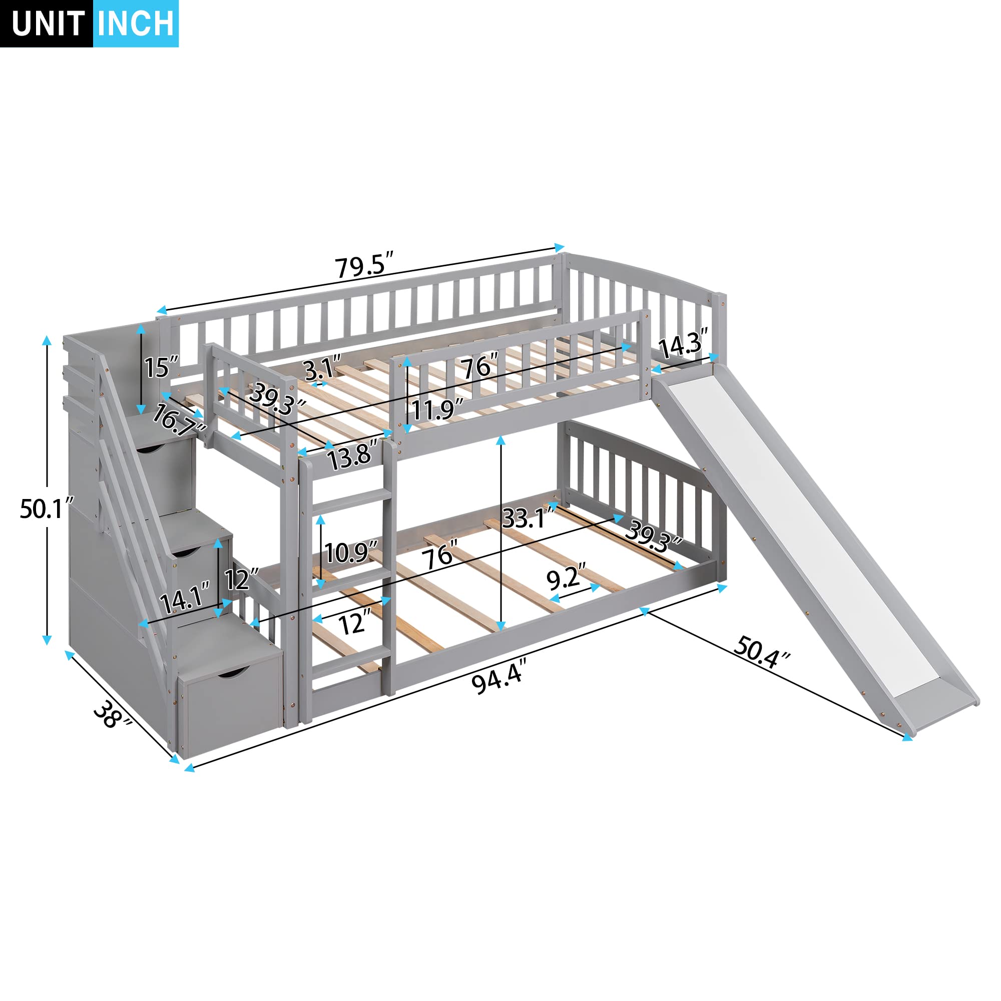 CITYLIGHT Twin Over Twin Bunk Bed with Slide and Stairs, Wooden Low Bunk Bed with Storage Stairs,Kids Bunk Bed with Slide for Girls Boys,No Box Spring Needed, Grey